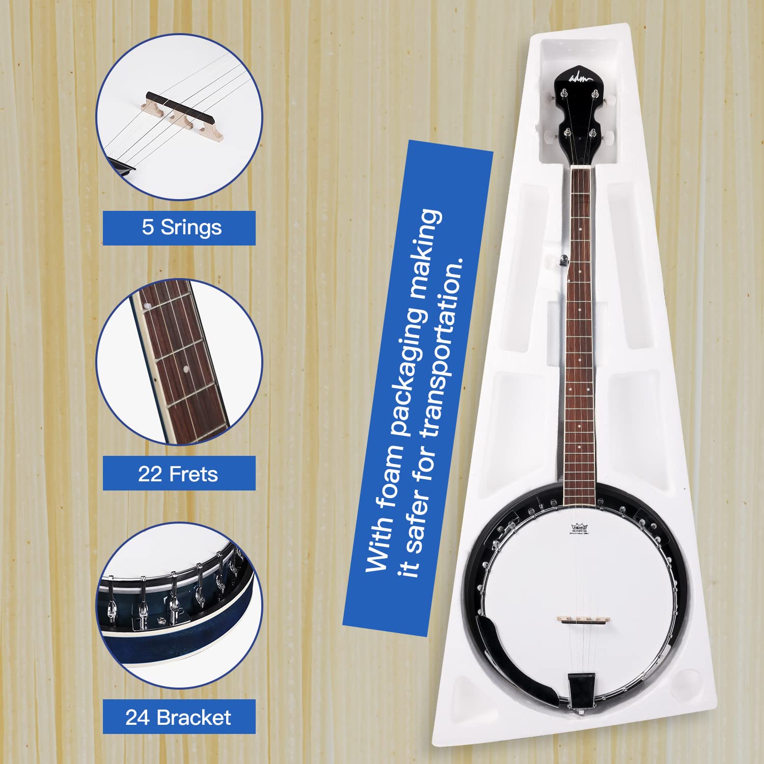 ADM 5 String Banjo Guitar Kit with Remo Drum Head and Geared 5th Tuner ...