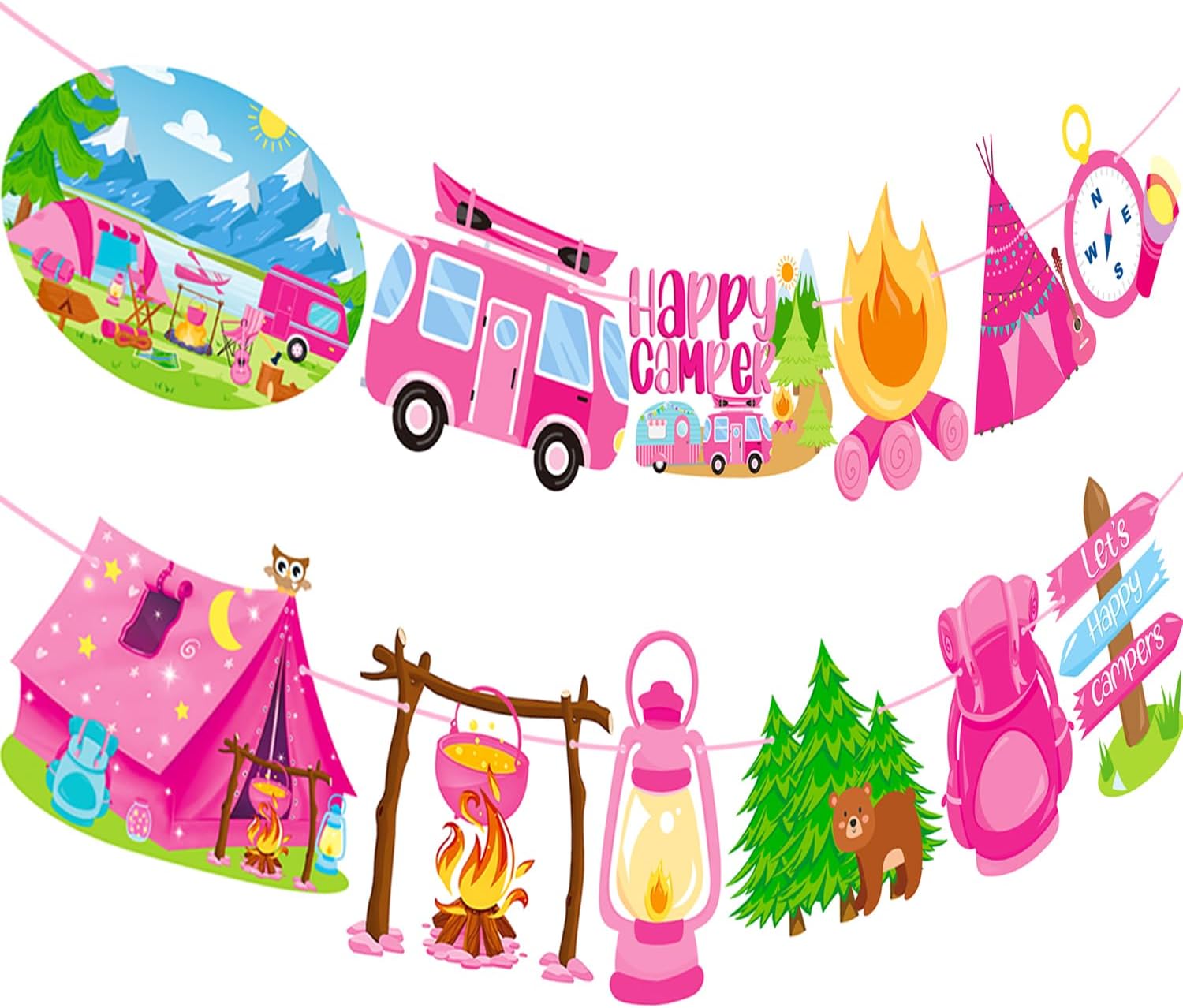 Amazon.com: Happy Camper Party Banner 2Pcs Camping Party Banner Girls ...