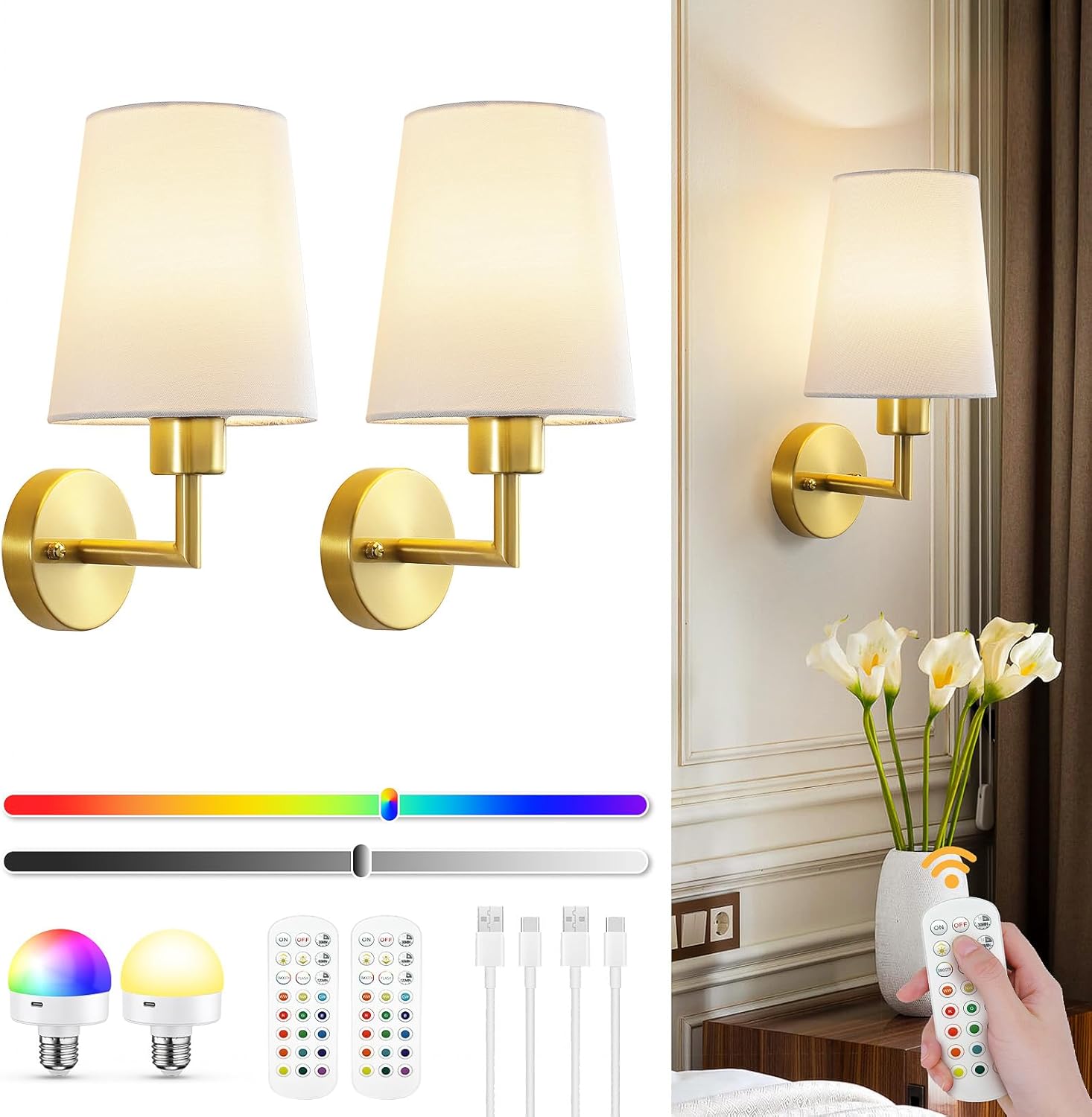 Battery Operated Wall Sconce Set of Two, Wireless Rechargeable Wall ...