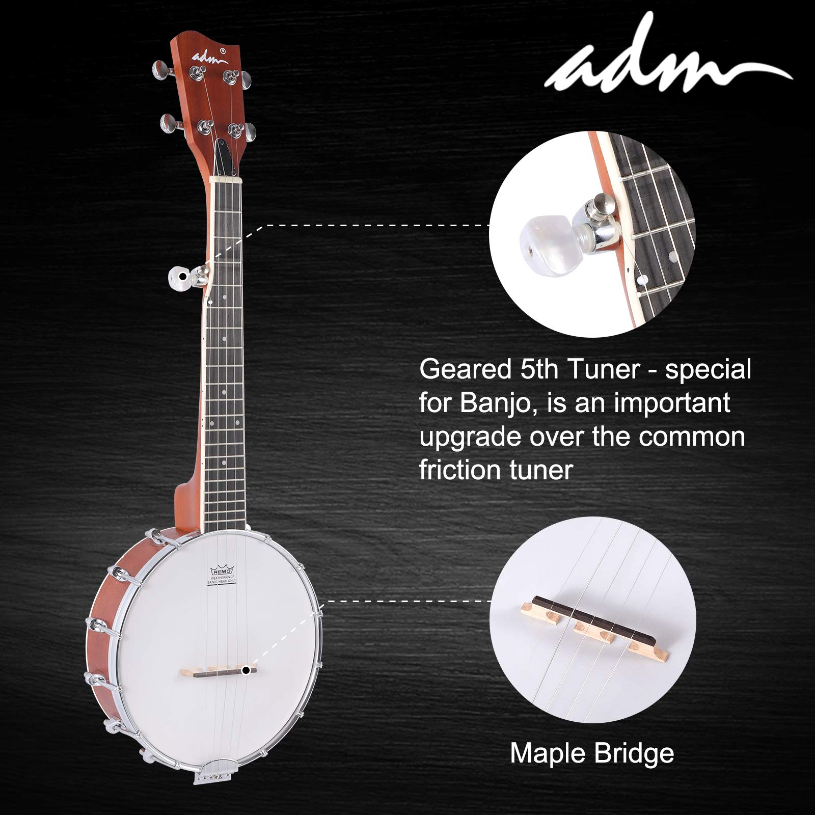 ADM 5-String Banjo Mini 13 Bracket with Closed Solid Wood Back and ...