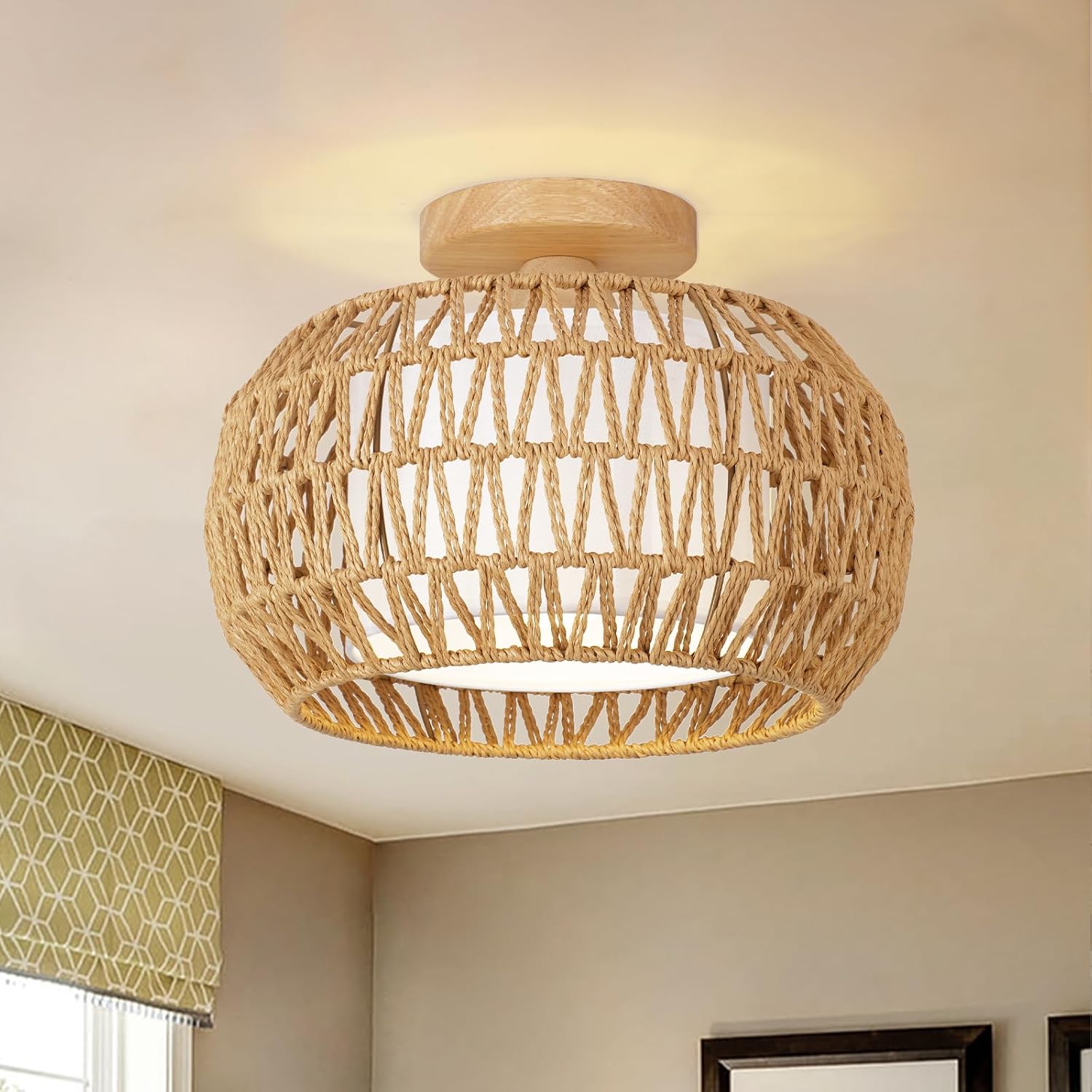 Rattan Ceiling Light Fixtures Flush Mount,11.8'' Boho Light Fixtures ...