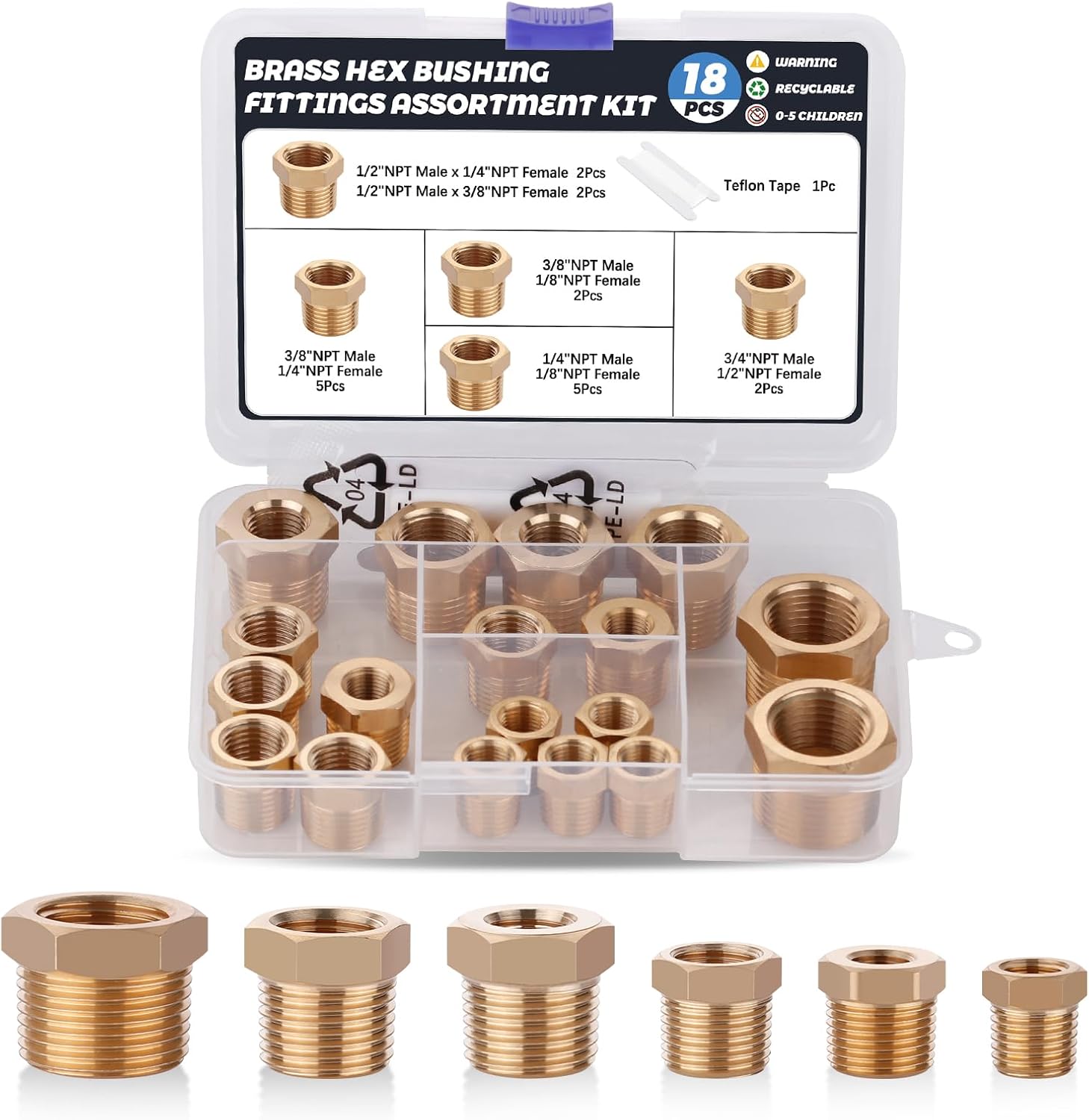 Amazon.com: Ailbiuko 18PCS Brass Hex Bushing Fitting Kit,1/4" - 1/8", 3 ...