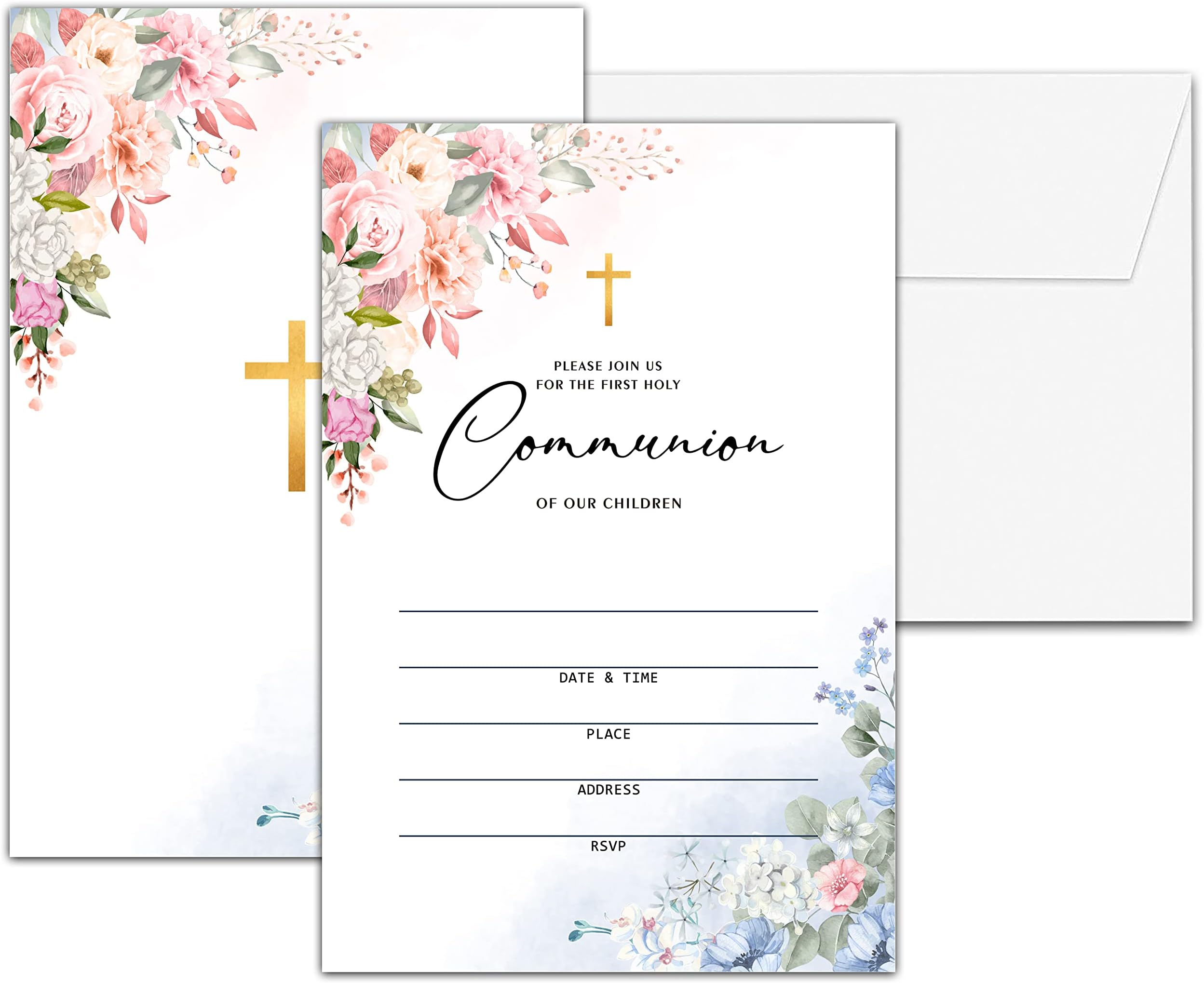 Amazon.com : Floral Baptism Invitations, Pink and Blue First Holy ...