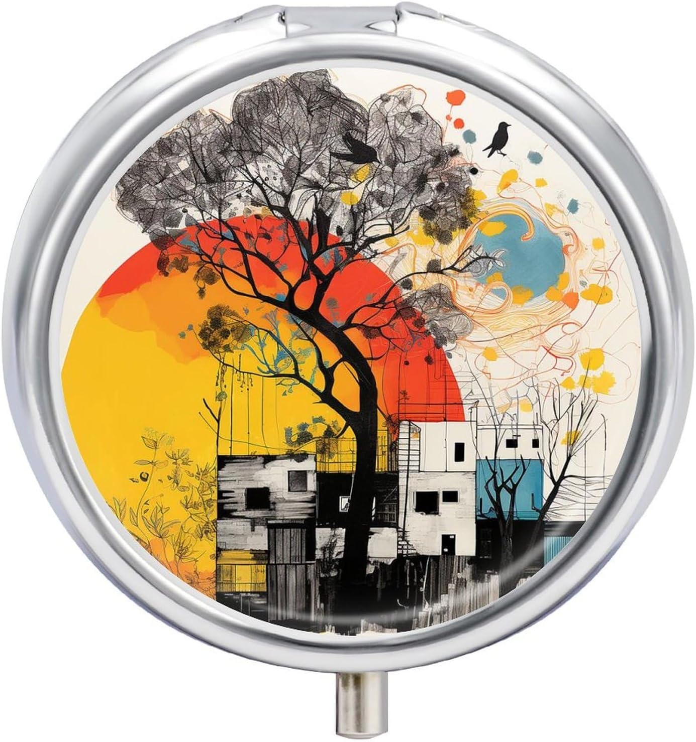3 Compartment Pill Box Pill Containe Trees and Houses Pillbox Case for ...