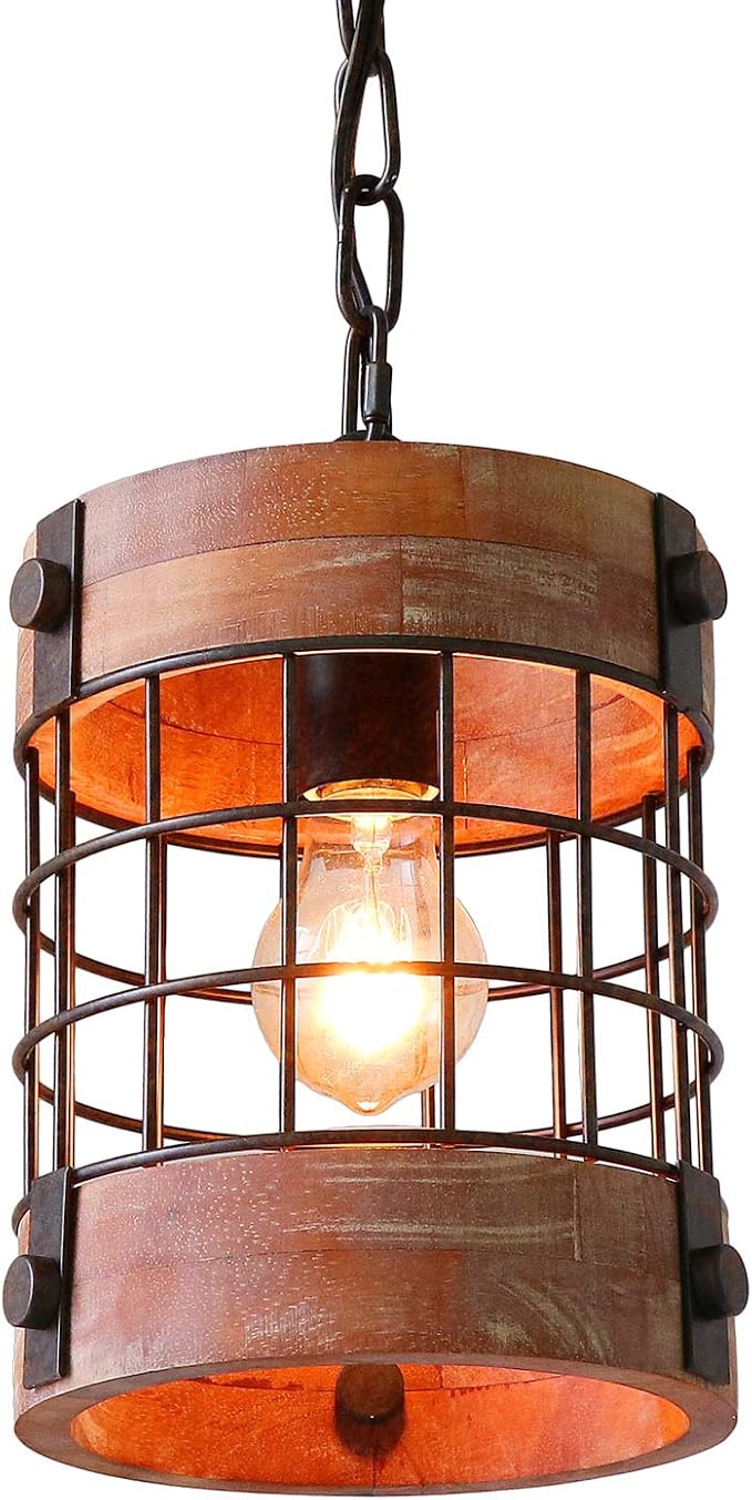 Anmytek Metal and Wood Chandelier Round Pendant Light Retro Rustic Loft ...