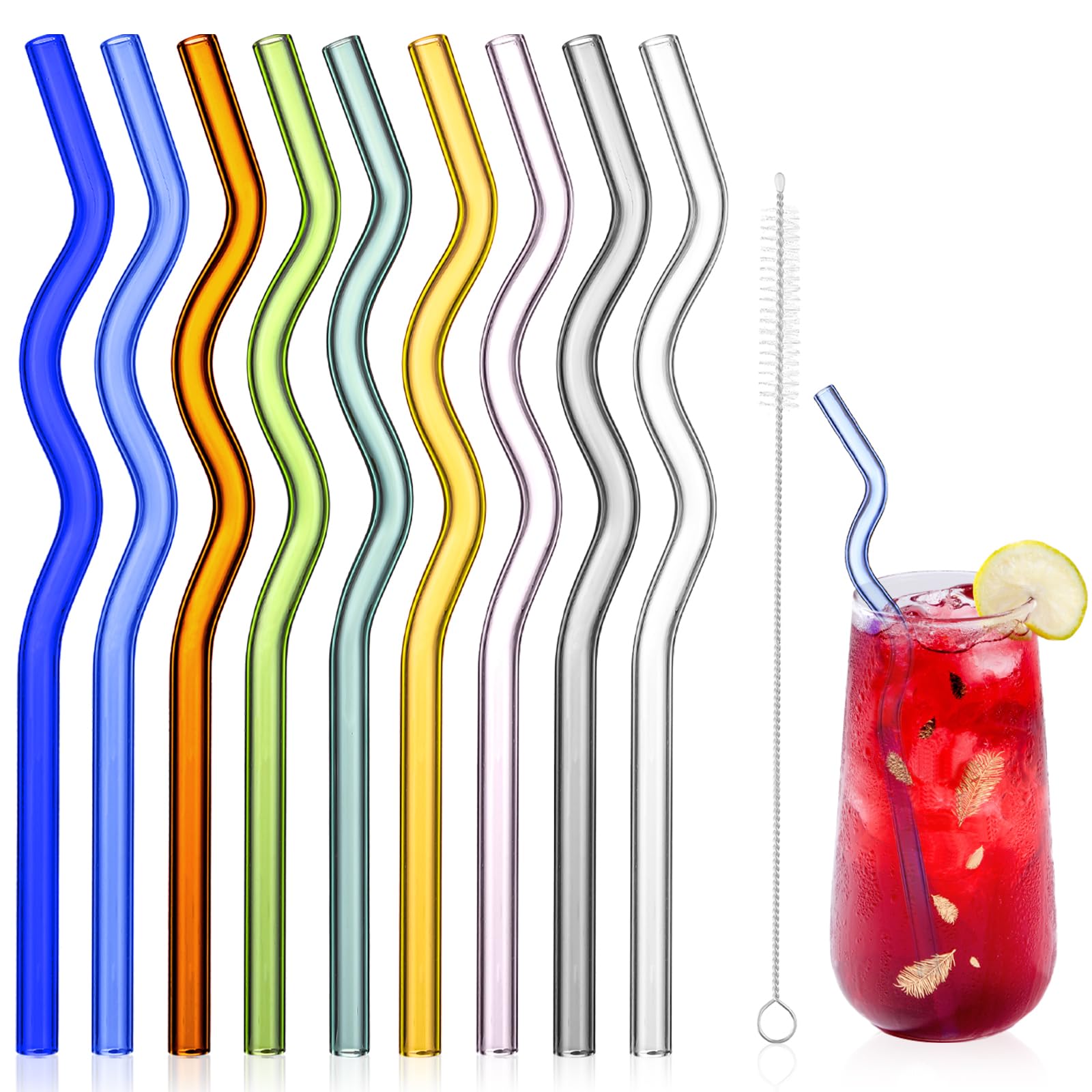 Amazon.com: 9PCS Glass Straws Reusable Wavy Glass Straws 7.8 in*10mm ...
