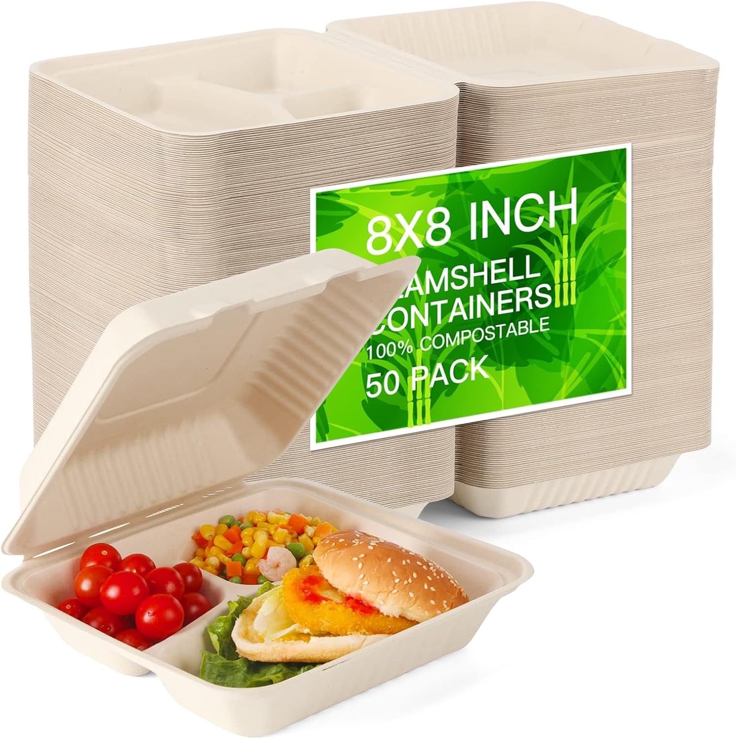 Amazon.com: Sunlive 100% Home Compostable 50 Pack Disposable Clamshell ...