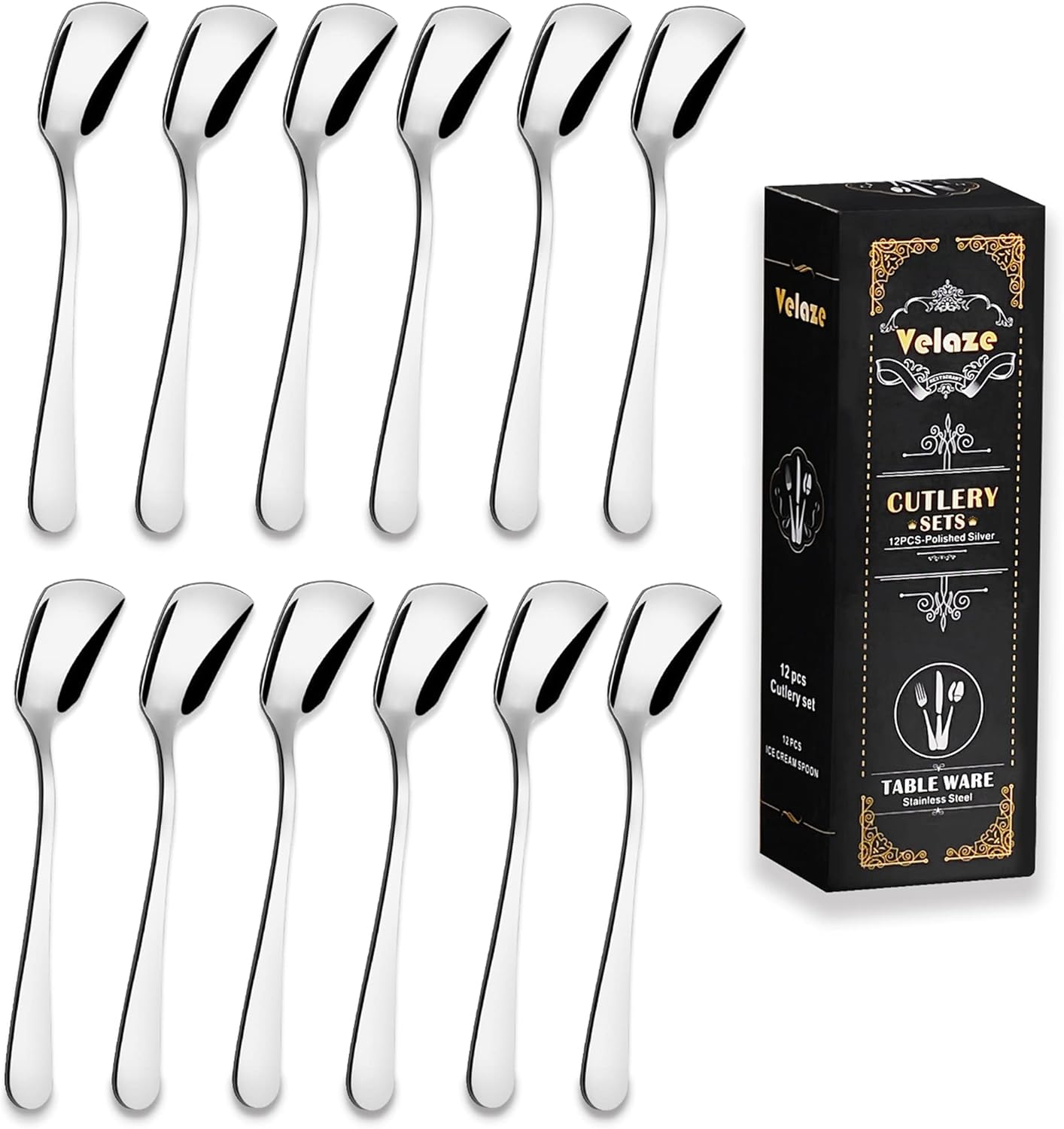 Ice Cream Spoons Stainless Steel Velaze Set of 12 Dessert Spoons Iced ...