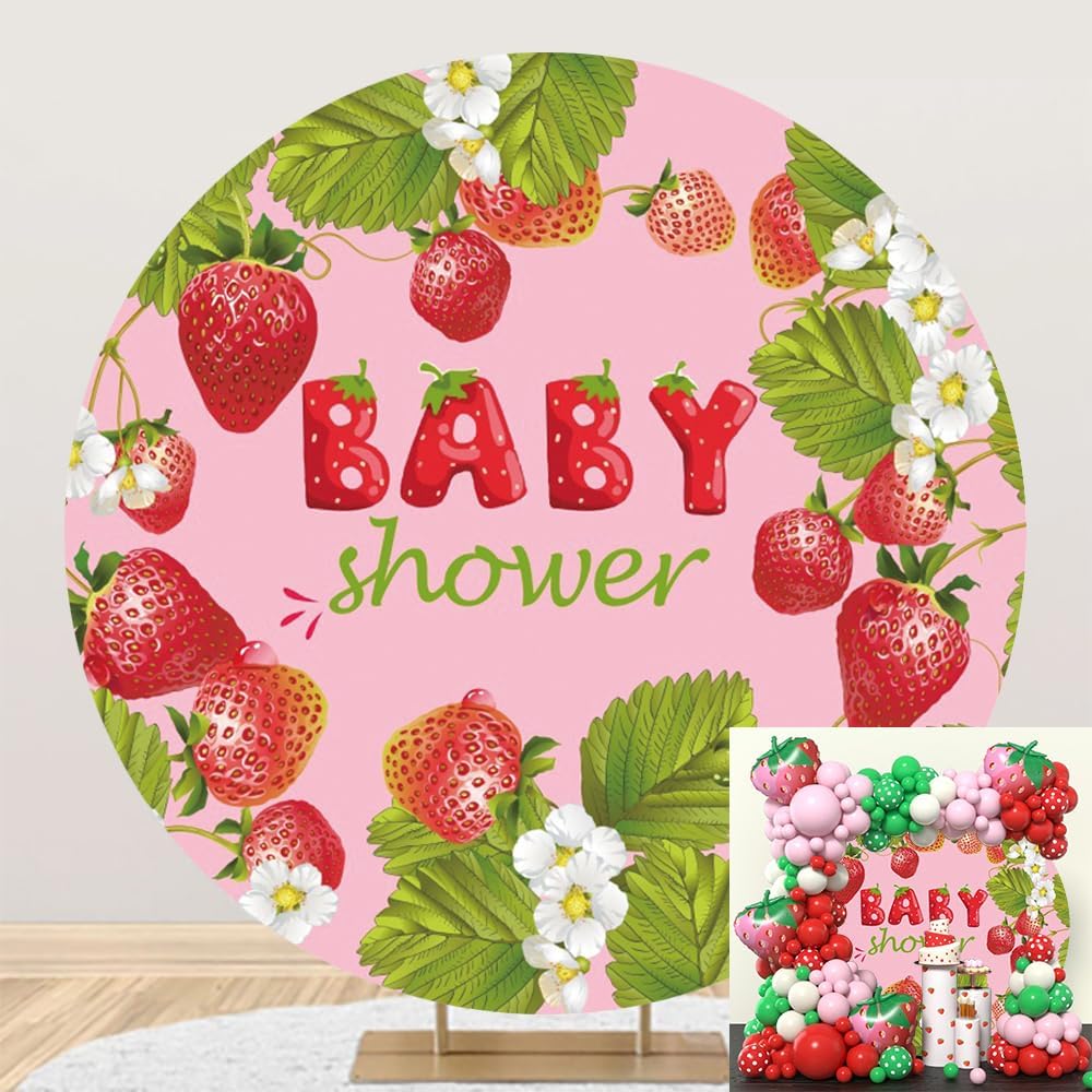 Amazon.com : DORCEV Strawberry Baby Shower Round Backdrop - Red Berry ...