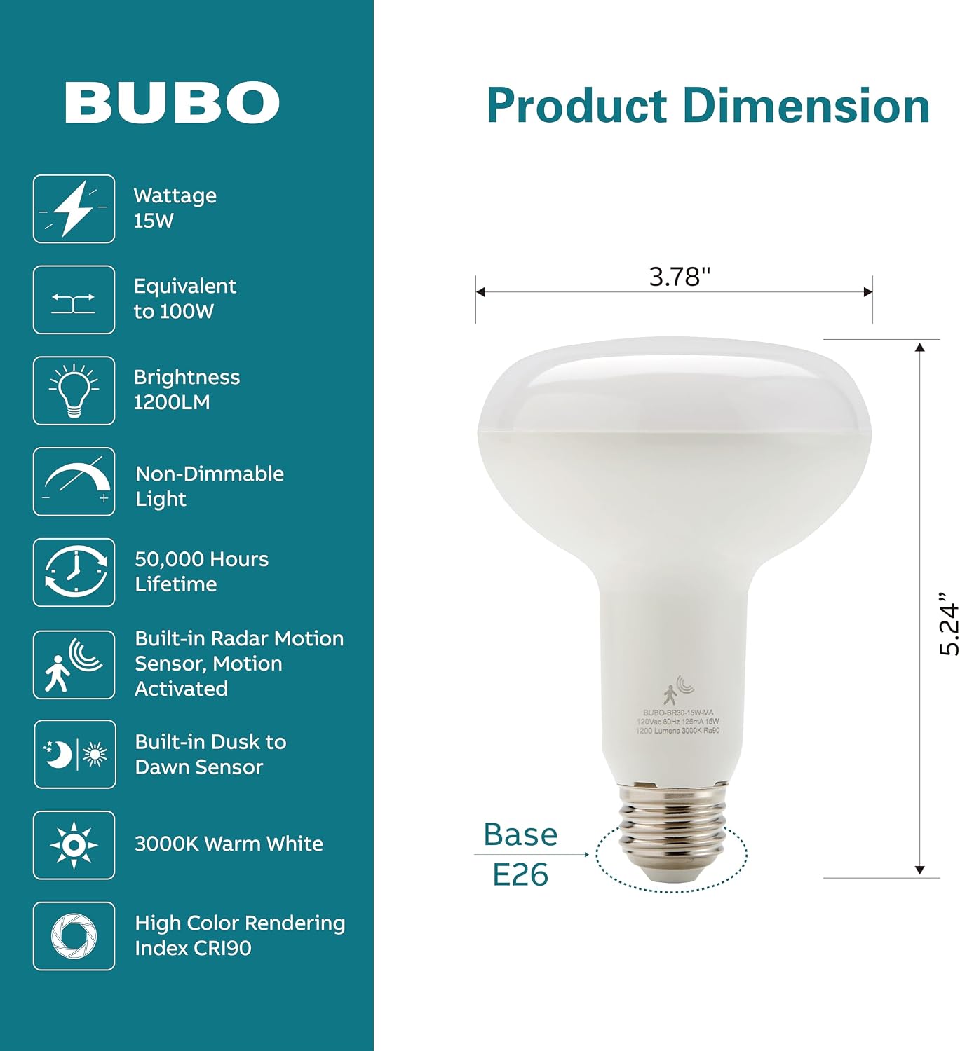BUBO Bombillas con sensor de movimiento, 15 W Eqvi 100 W, luz de ...