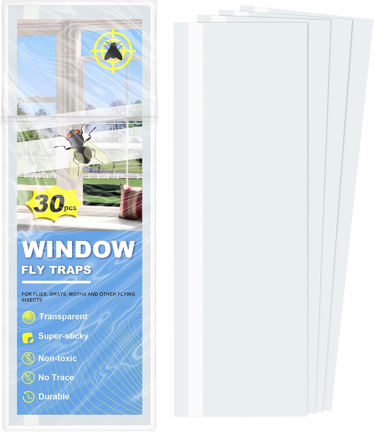 30 Pack Window Fly Traps Indoor, Clear Fly Paper Sticky Strips, House ...