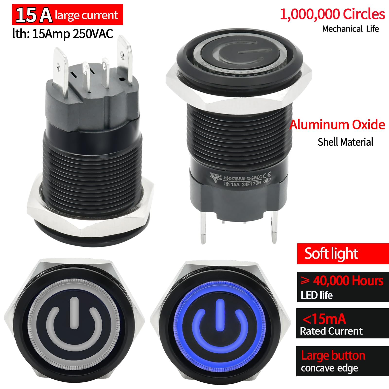 Snapklik.com : (15Amp) 16mm Latching Push Button Switch 12V-24VDC On Off