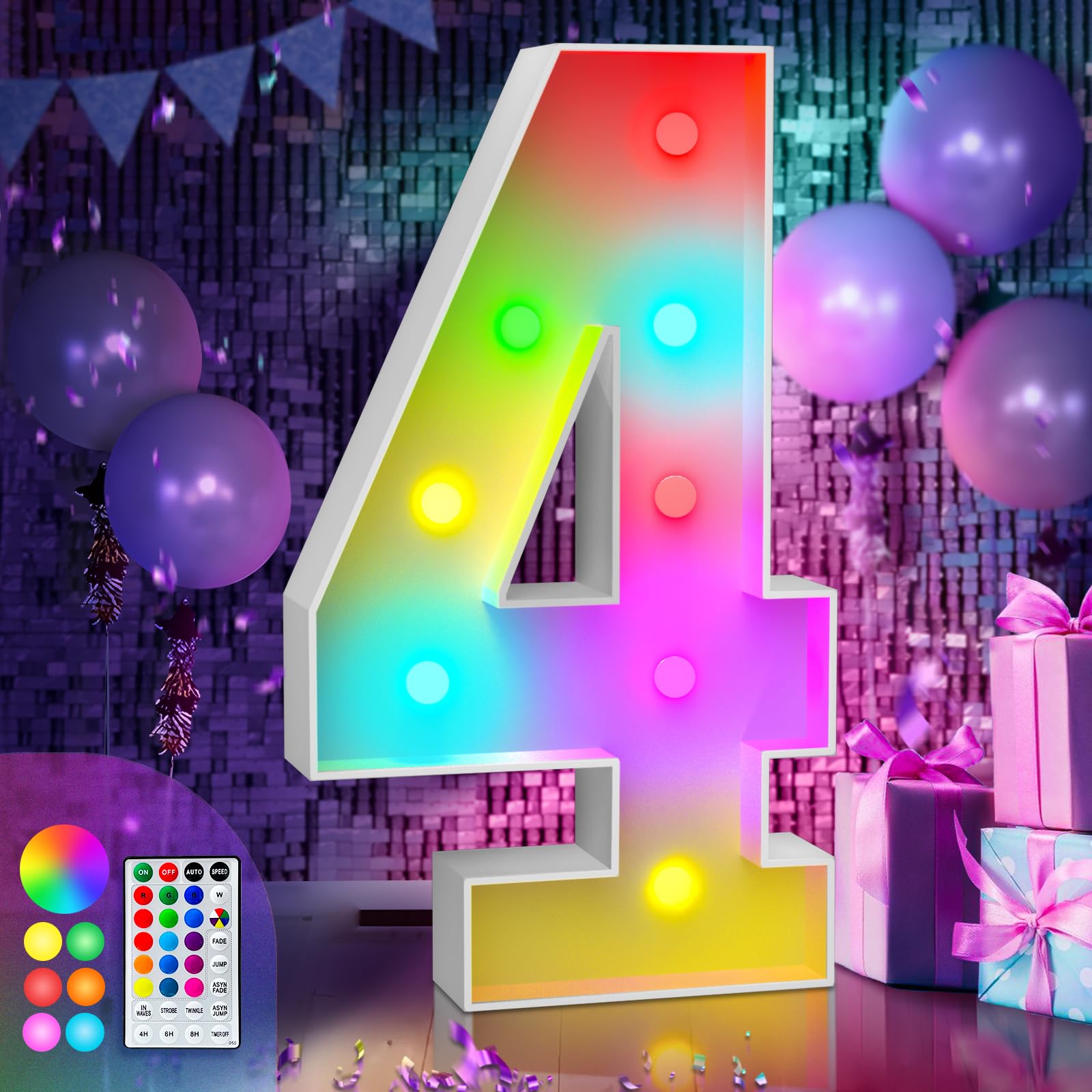 imprsv 3FT Colorful Marquee Light Up Numbers,18 Colors Number 4 with ...