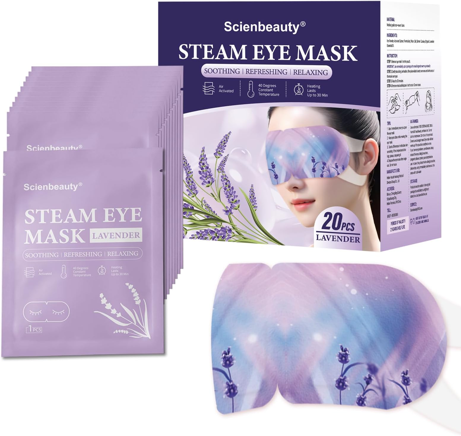 Amazon.com : Scienbeauty Steam Eye Mask 20 Packs Lavender Heated Eye ...