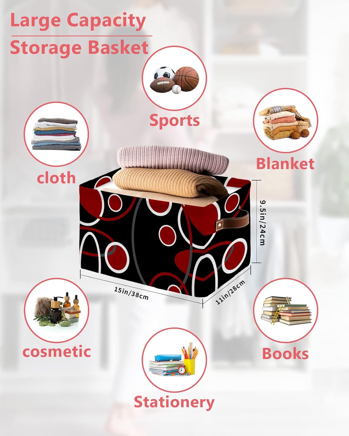 Red Black Geometric Storage Basket for Organizing Shelves, Collapsible ...