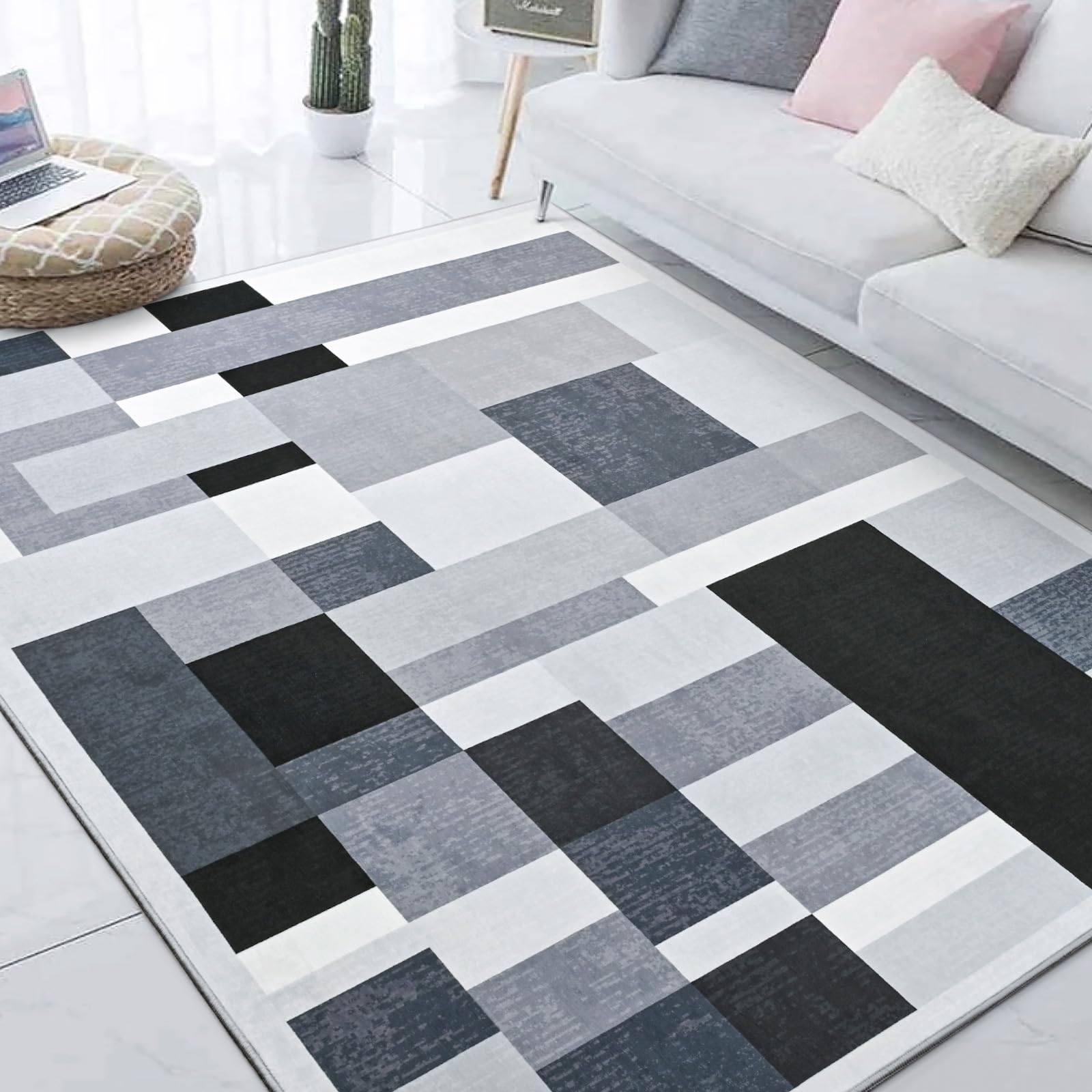 Amazon.com: Modern 5x8 Washable Area Rug, Faux Wool Super Soft White ...