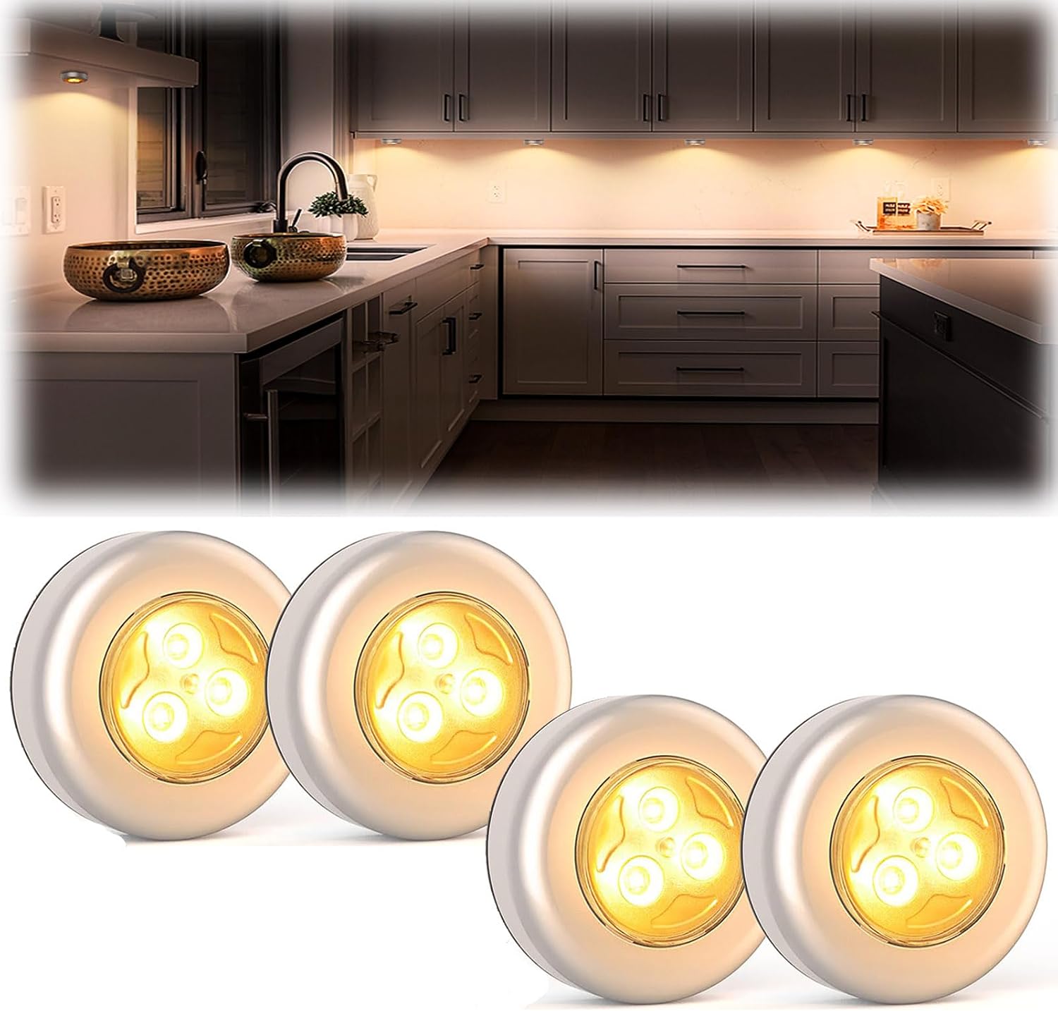 Mini Puck Light,4 Pack Cordless Under Cabinet Lights Battery Powered ...