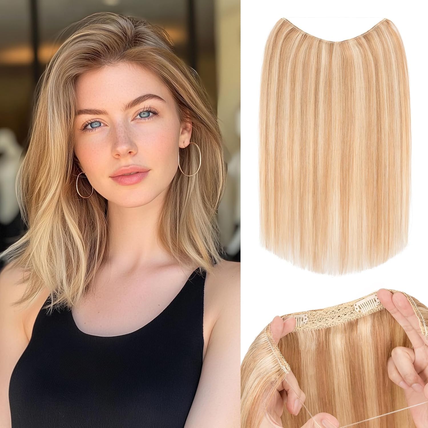 Amazon.com : S-noilite Halo Hair Extensions Real Human Hair 12inch ...