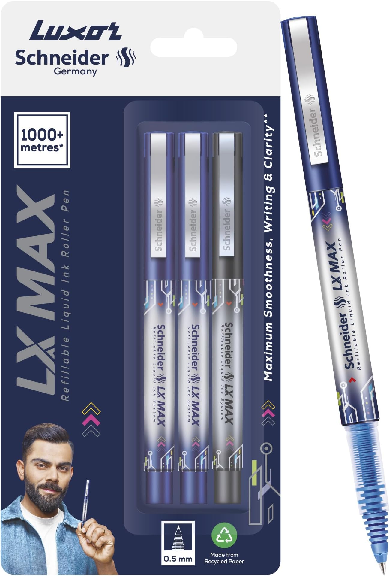 Luxor Schneider LX MAX roller ball pen, Pack of 2 - Blue, Cone Tip, 0 ...