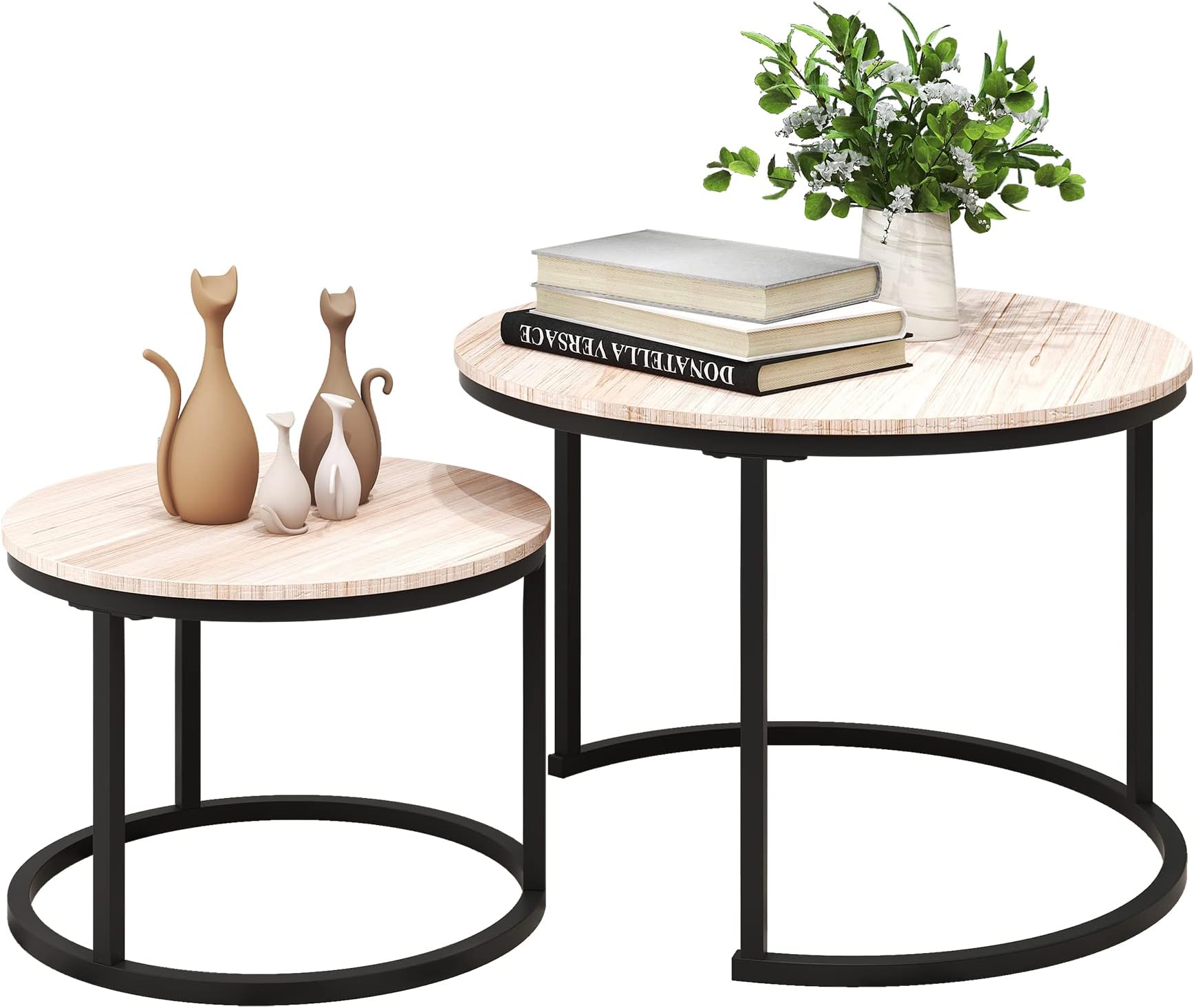 GrandCA HOME Round Coffee Table Set of 2 Nesting Table with Black Metal ...