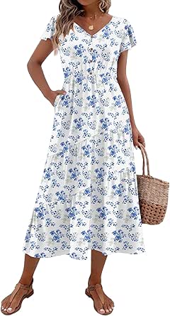 Zeagoo Womens Summer Dress Ruffle Sleeve V Neck Midi Button Fashion ...