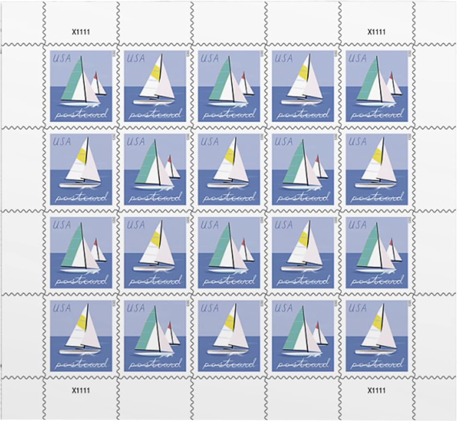 Sailboats Postcard Stamps (1 Sheet (20 Stamps))