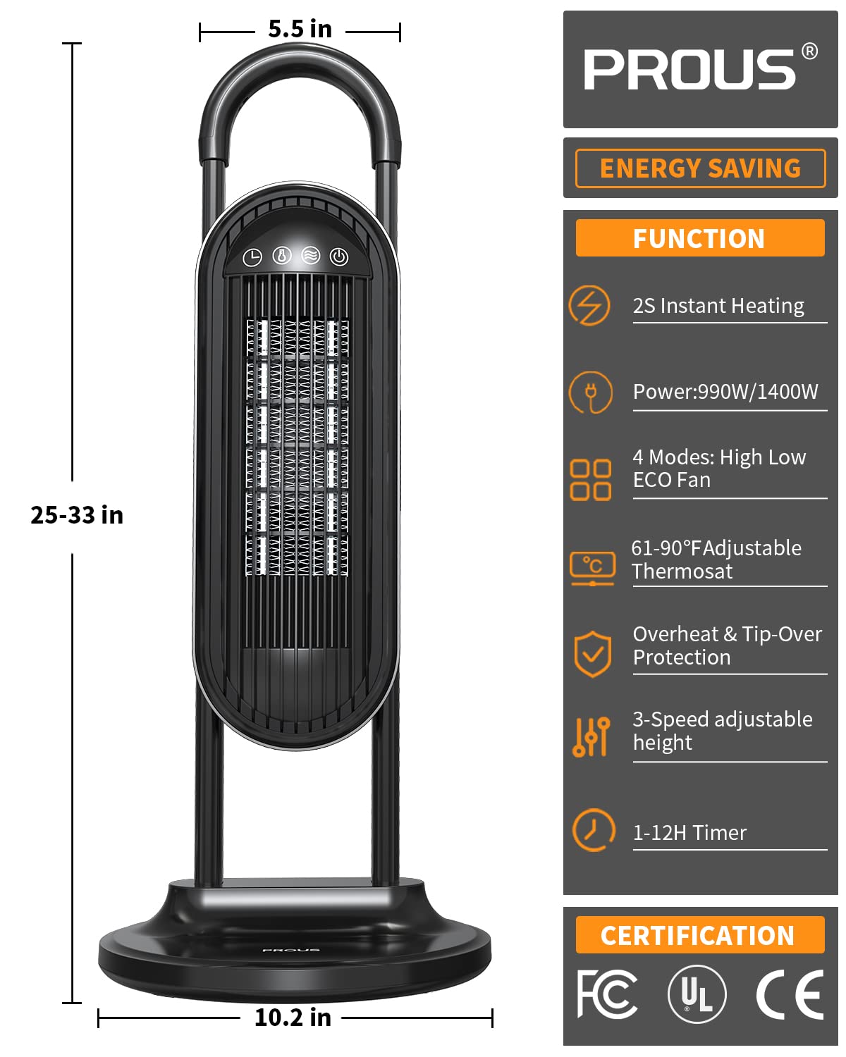 PROUS Height Adjustable Space Heater, 12H On Off Timer, 1400W Portable ...
