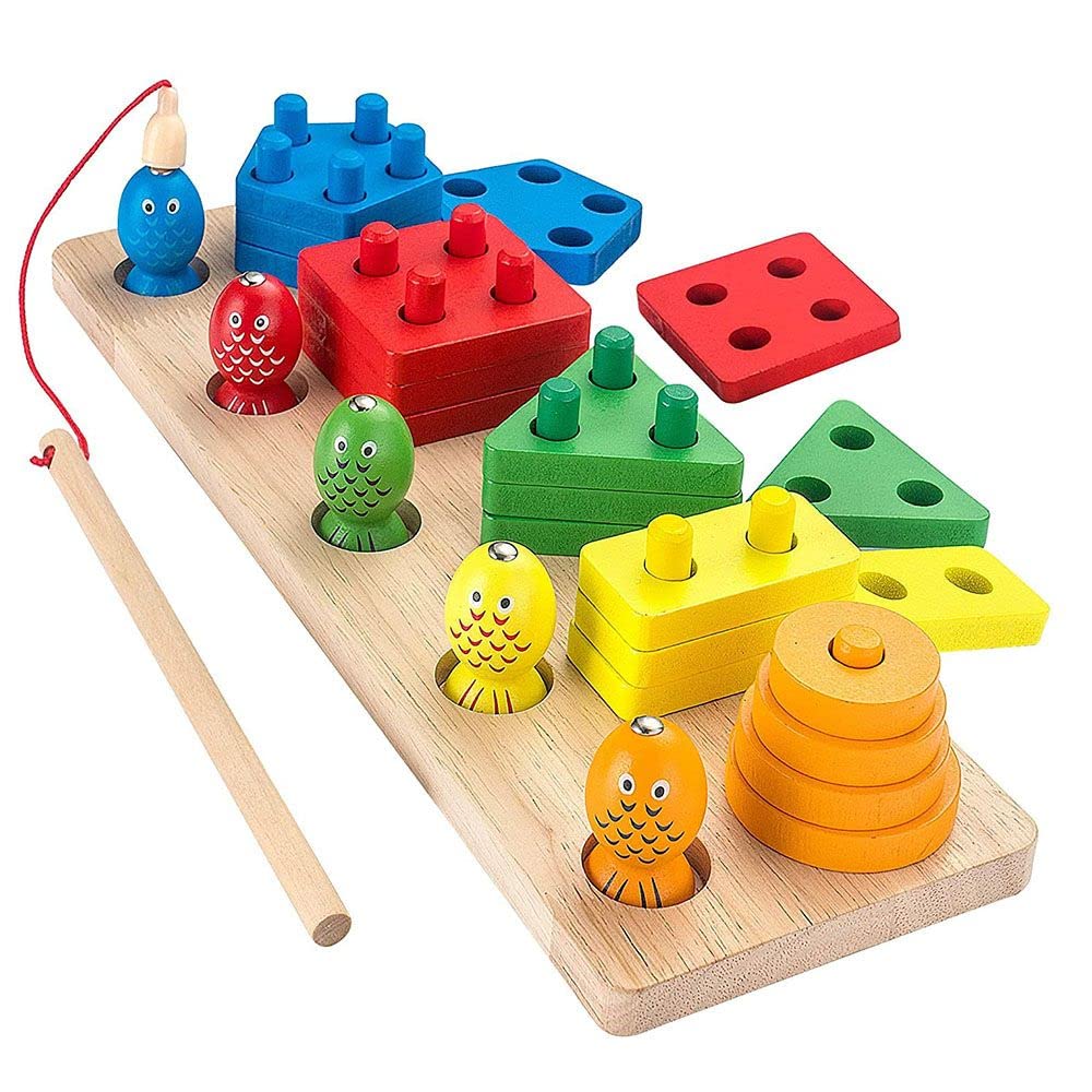 Univocean 5 Sets of Wooden Pillars Fishing Toy in Five Different Colors ...