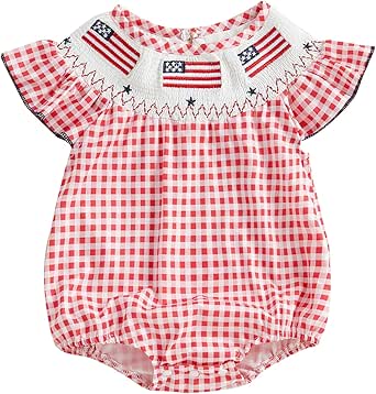 Amazon.com: MoZiKQin Baby Girl 4th of July Outfit Embroidered American Flag Plaid Bubble Romper ...