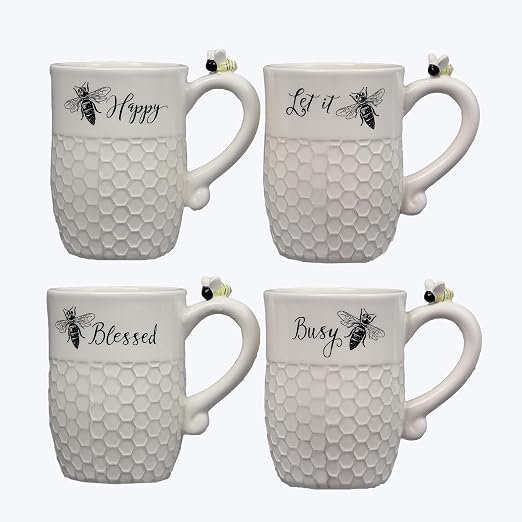 Amazon.com: Young's Inc Ceramic Bee Coffee Mug Set of 4, 16 oz ...