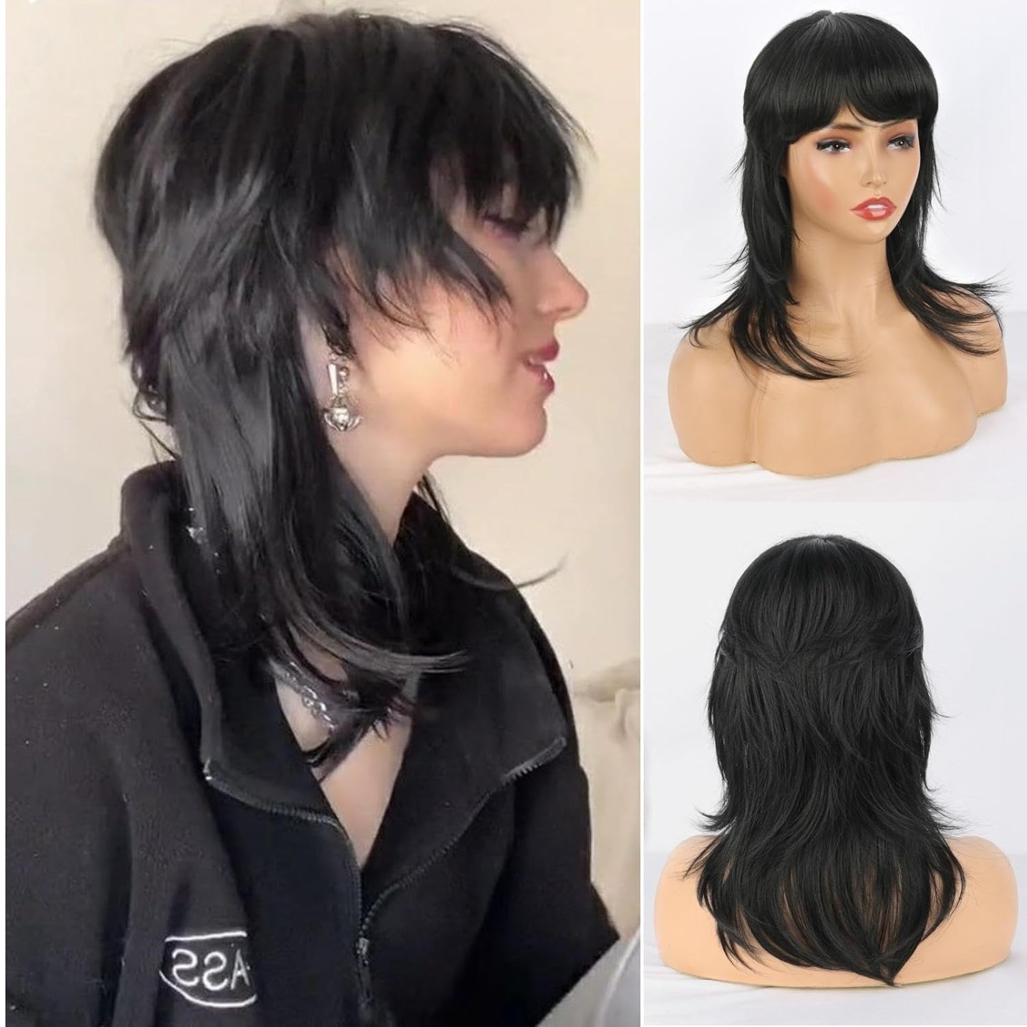 Amazon.com : Liyouda Mullet Wolf Cut Wig with Bangs Layered Black ...
