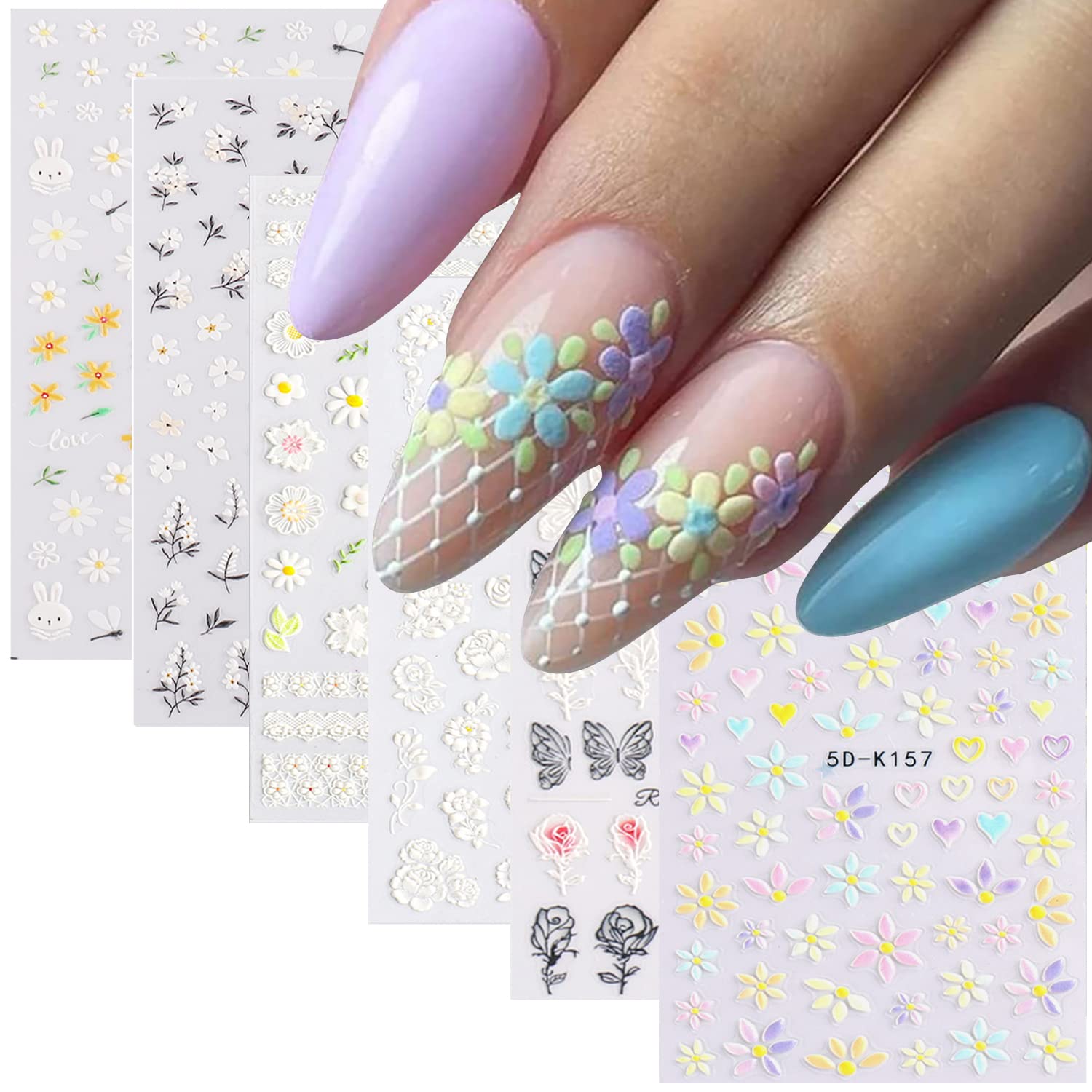 Amazon.com: 5D Engraved Flower Nail Art Stickers Decals Holographic ...