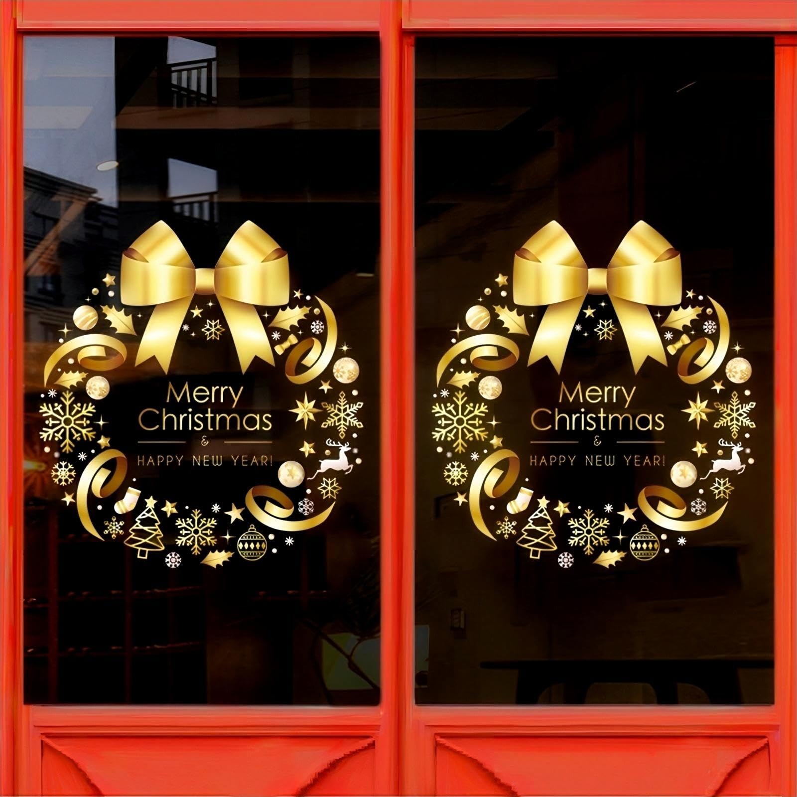Amazon.com: Jemattely Large Gold Christmas Wreath Window Clings 2 Pack ...
