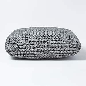 HOMESCAPES Grey Knitted Square Pouffe Footstool Floor Cushion Bean ...