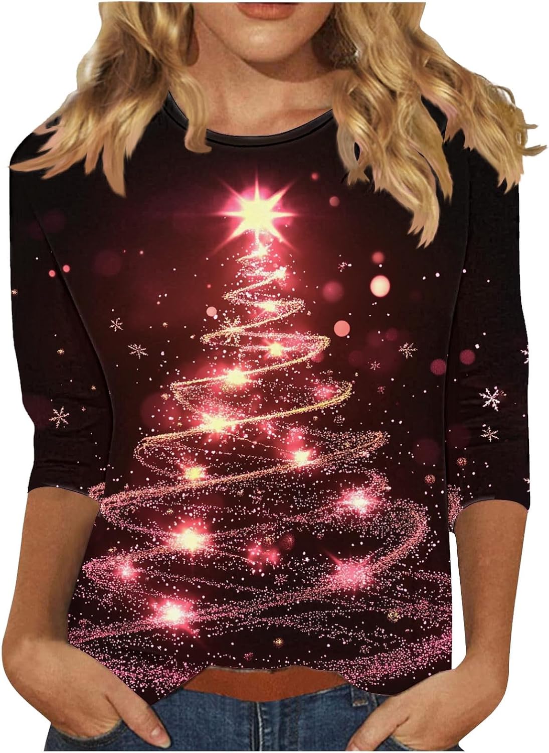Amazon.com: Christmas Shirts for Women 3/4 Length Sleeve Xmas Tree Tops ...