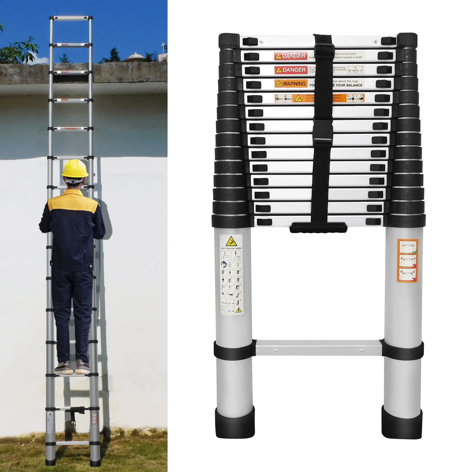 14.5FT Portable Multi-Purpose Aluminium Telescopic Ladder, 4.4M ...