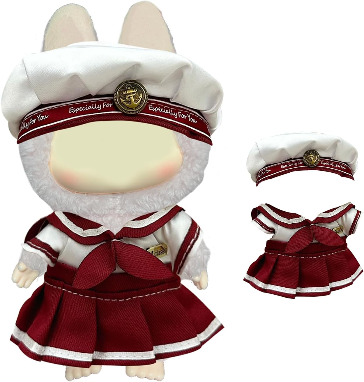 Red Sailor Suit for Labubu Dolls, Navy Dress with Ear-Hole Hat for ...