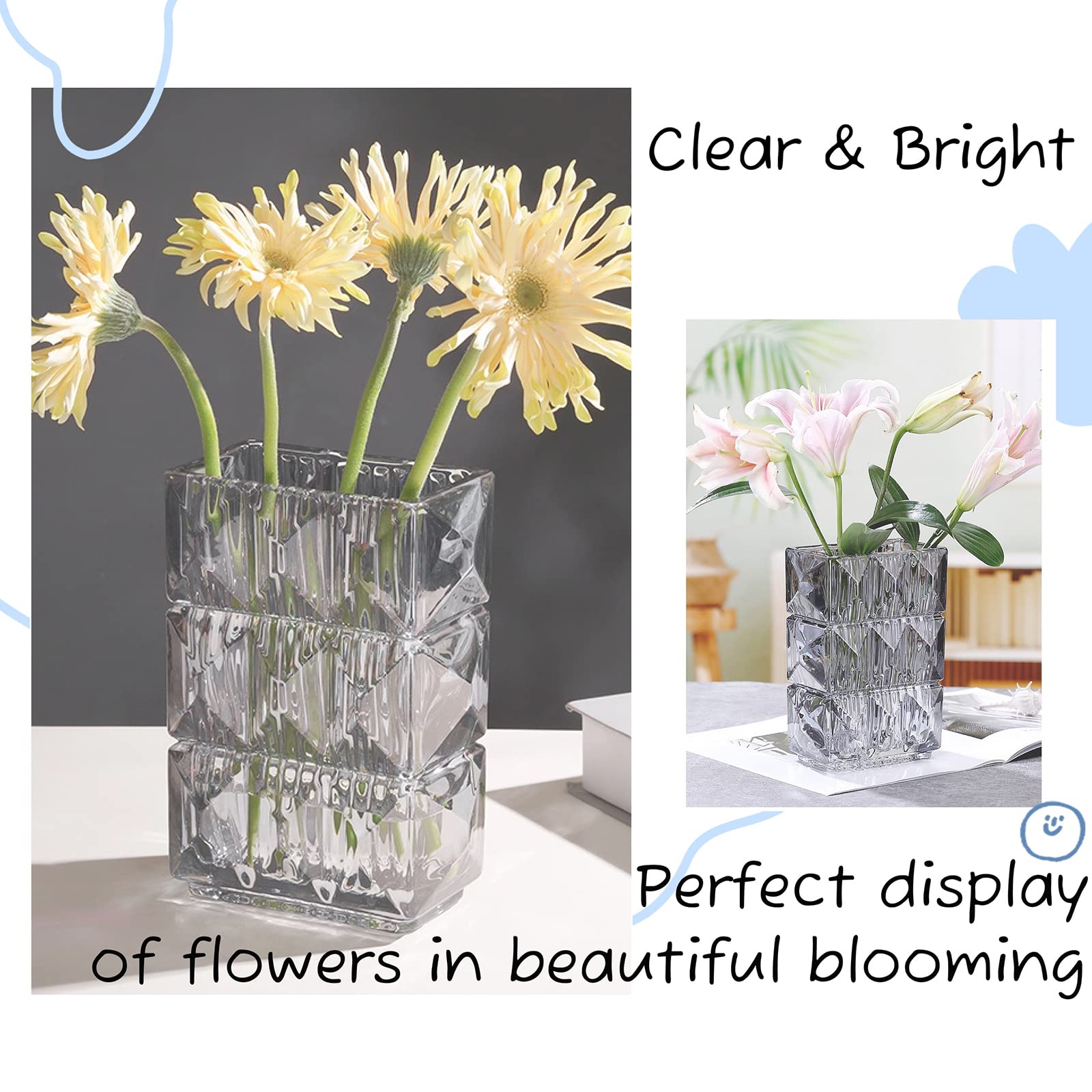 CHSHLI Large Glass Vase with Diamond Crystal Solid Reliefs, 7.9" Big ...