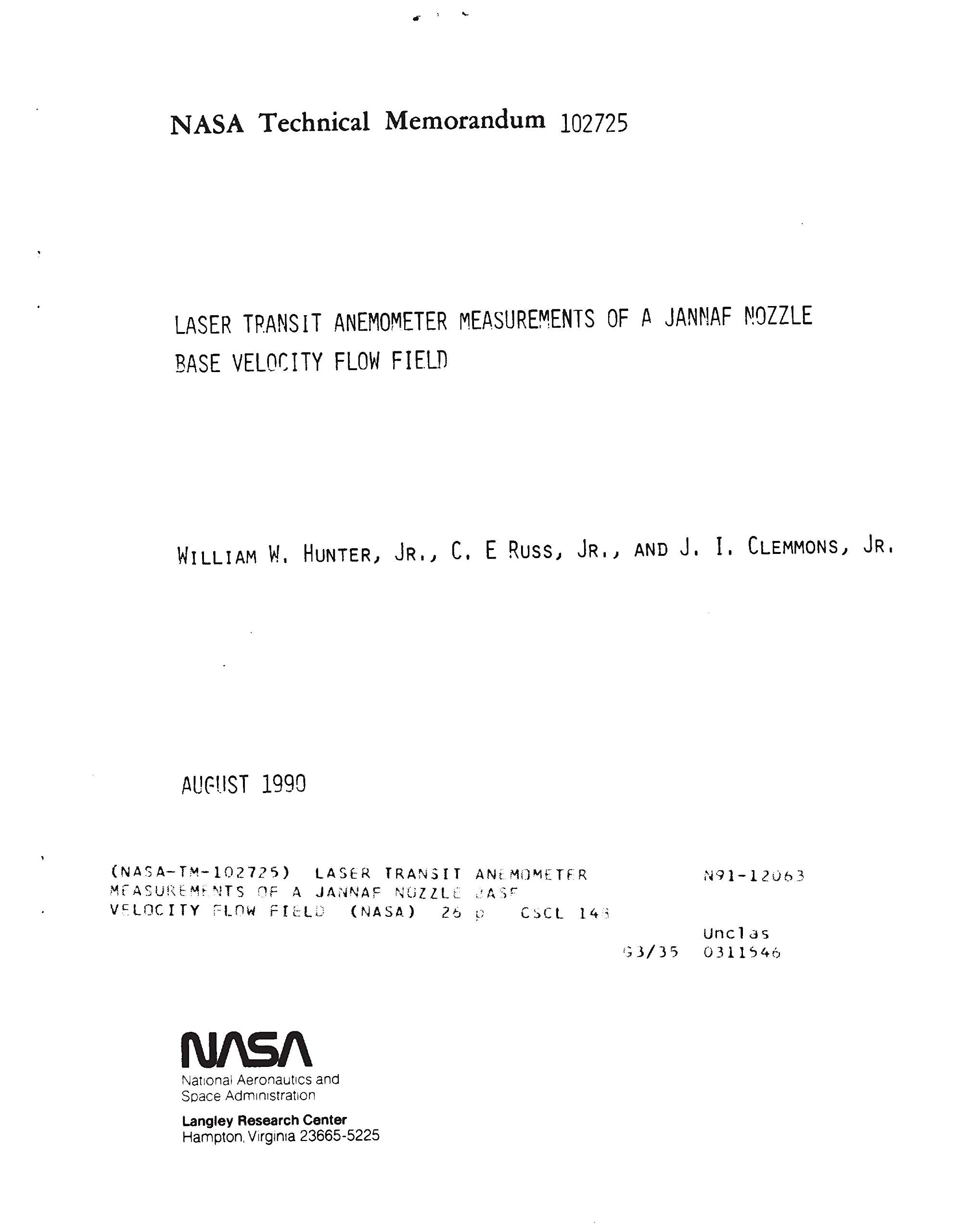 Buy Laser transit anemometer measurements of a JANNAF nozzle base ...