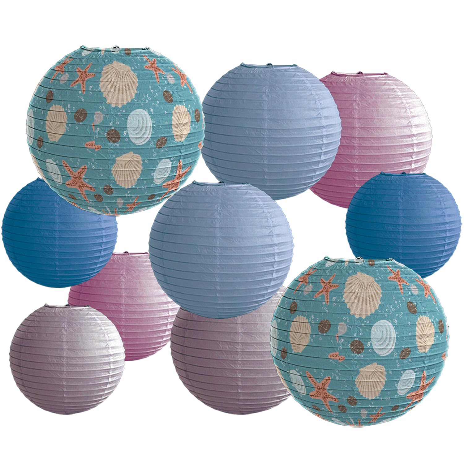 METHEDEECO Round Paper Lanterns Beach Ocean Blue Theme Marine Shell ...