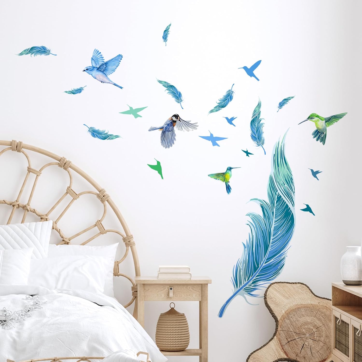 Amazon.com: Supzone Blue Feathers Hummingbird Wall Decals Hand Drawn ...