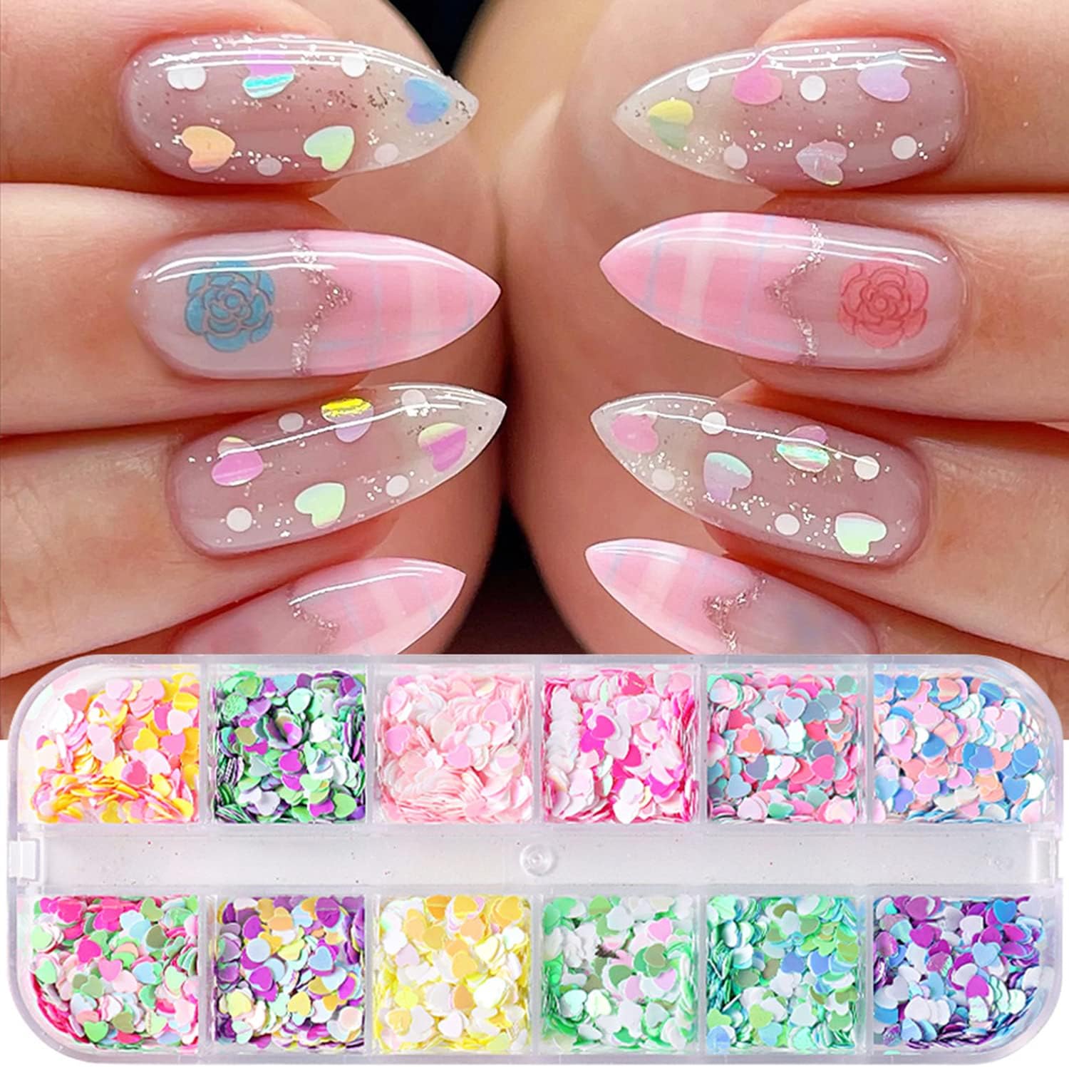 Amazon.com: 12 Grids Heart Nail Art Glitter Sequins 3D Holographic Nail ...
