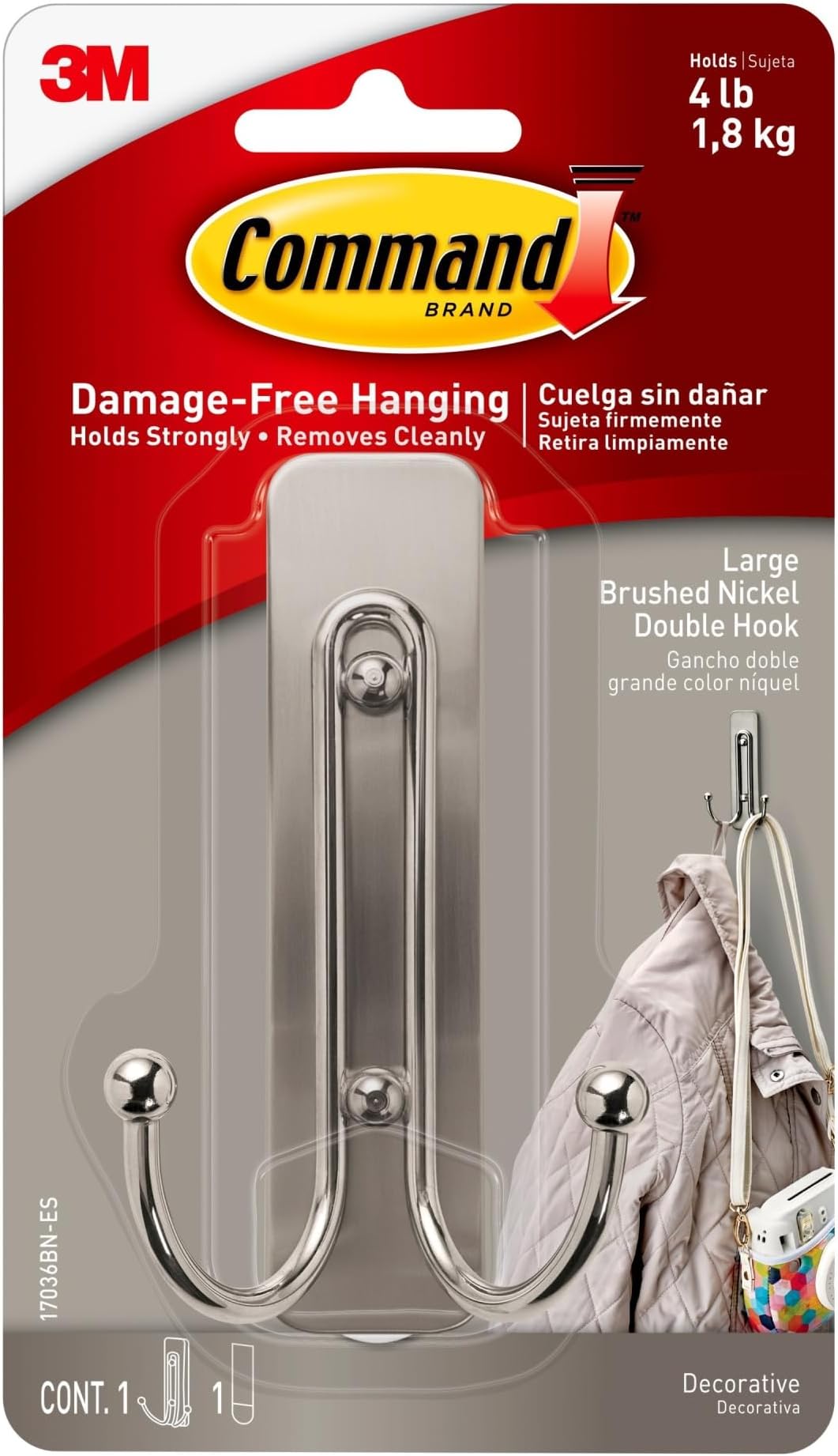 Amazon.com: Command Large Traditional Plastic Hook, Brushed Nickel, 1 ...