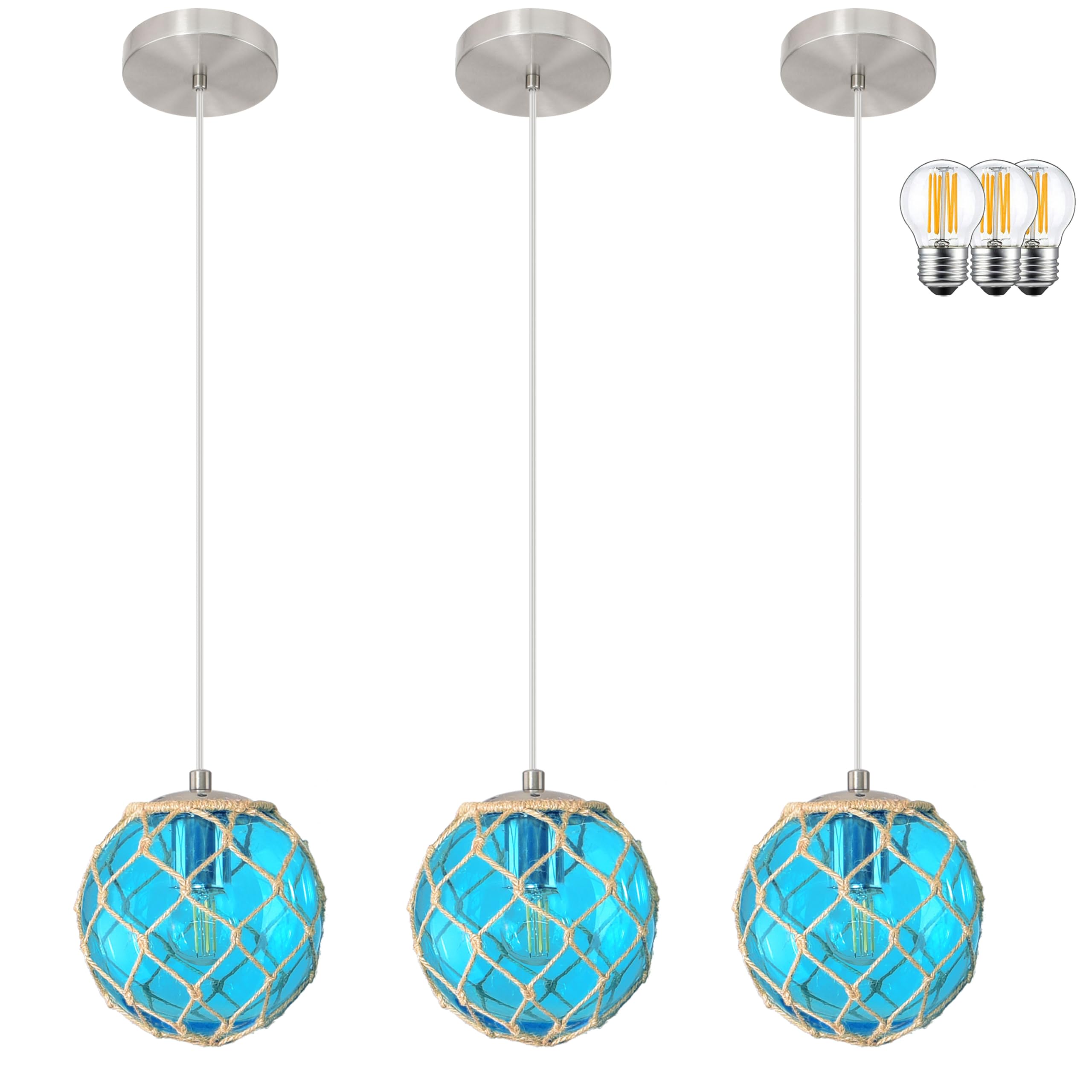 3 Pack 6" Blue Coastal Pendant Light Kitchen Island,Glass Globe Ocean ...
