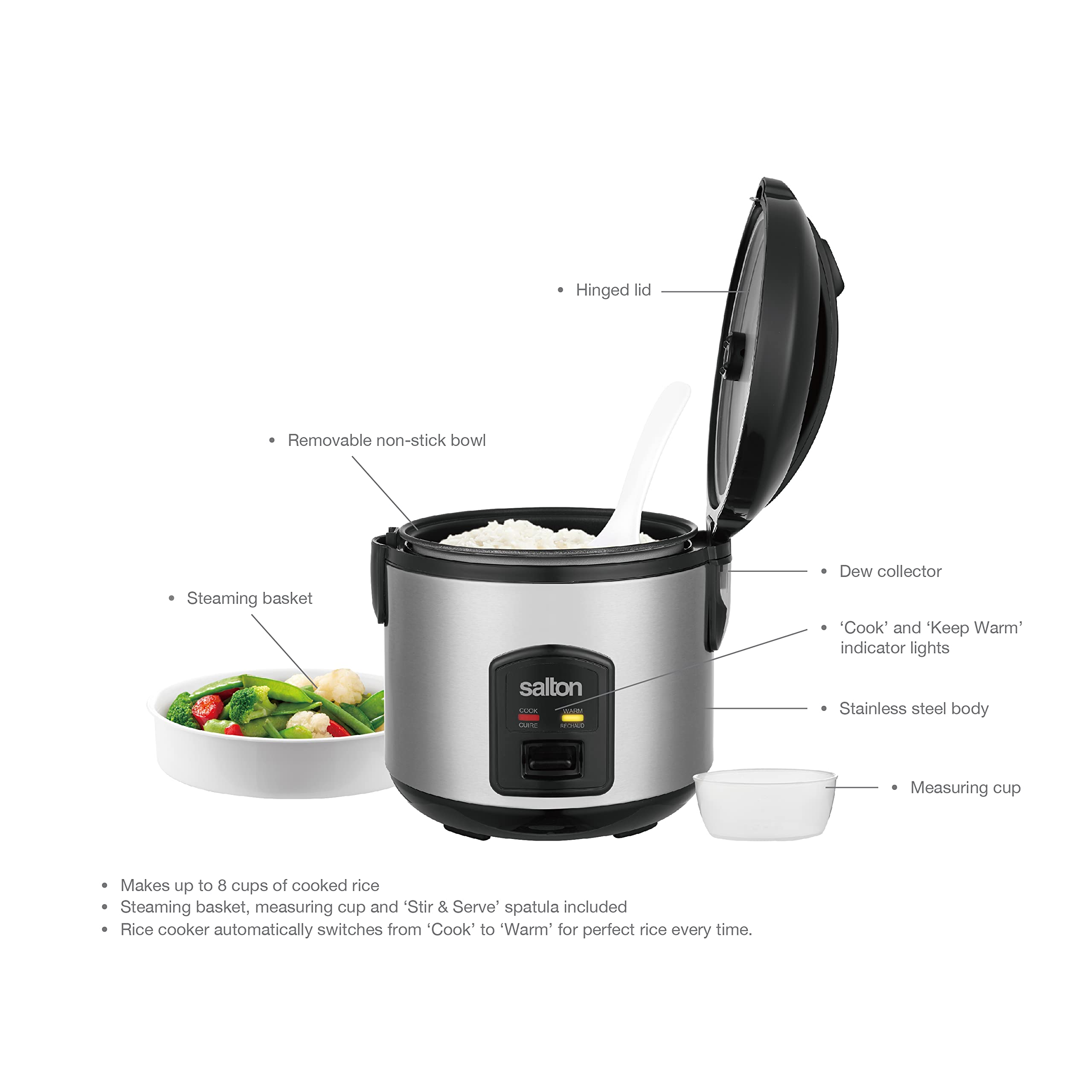 Salton 8 Cup Jar Style Automatic Rice Cooker with Food Steaming Basket ...