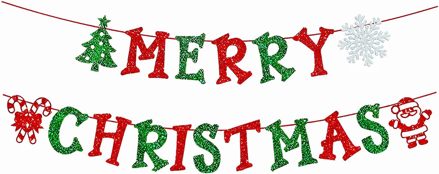 Amazon.com: Red & Green Glittery Merry Christmas Banner, Christmas Sign ...