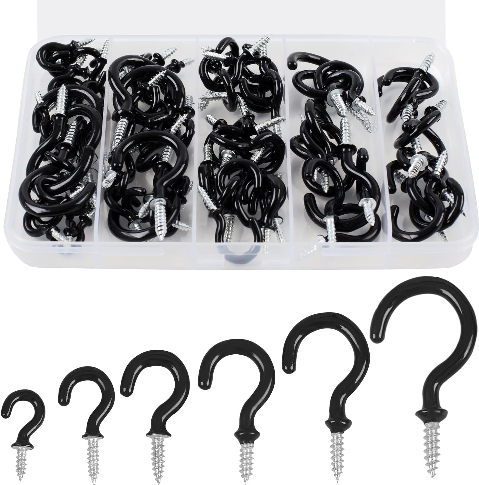 Amazon.com: Swpeet 100Pcs Black 6 Sizes Cup Hooks Kit, Vinyl Coated ...