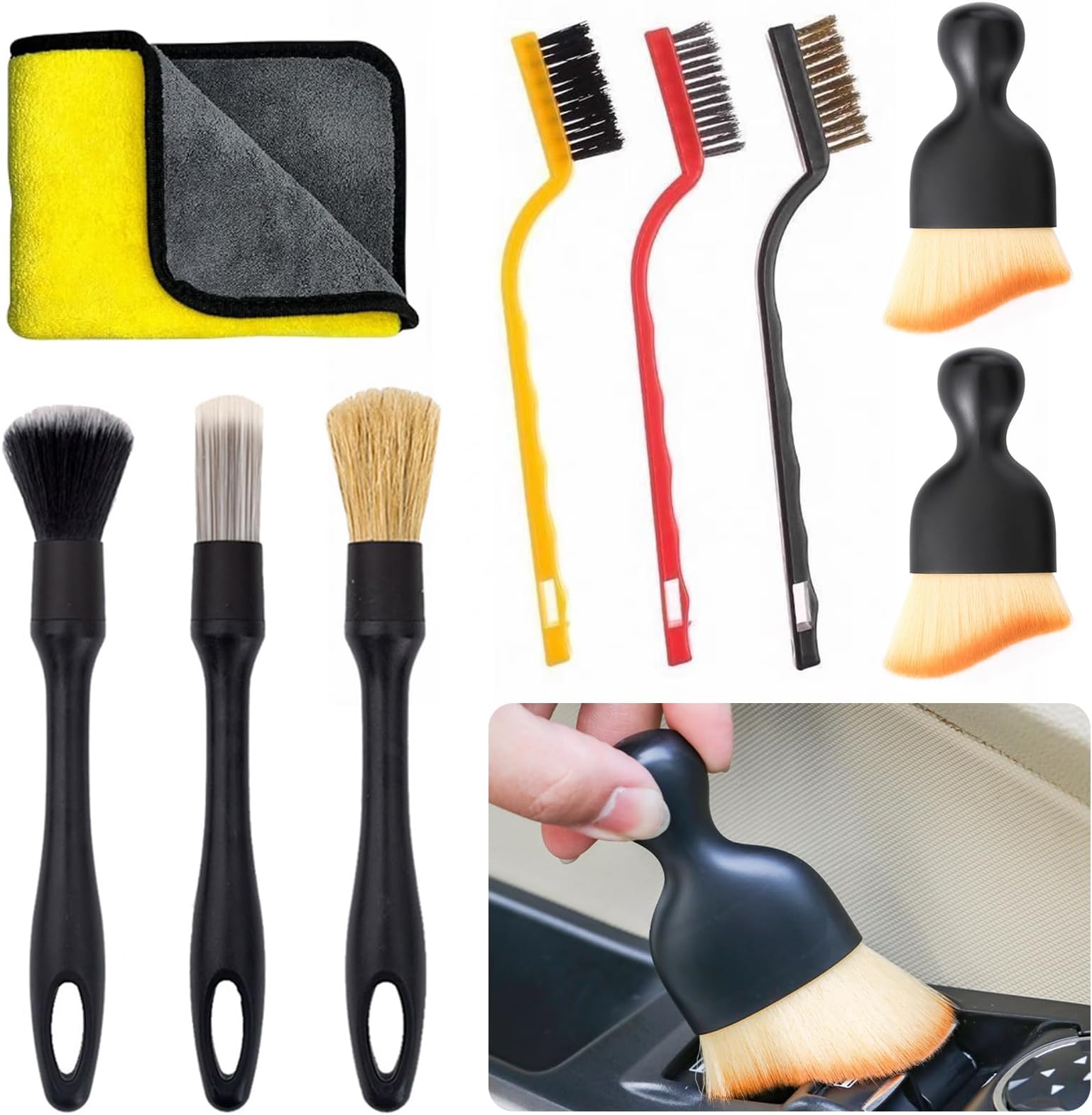 UZSUZZ Car Detailing Brushes Set, 9PCS Soft Bristle Car Interior ...