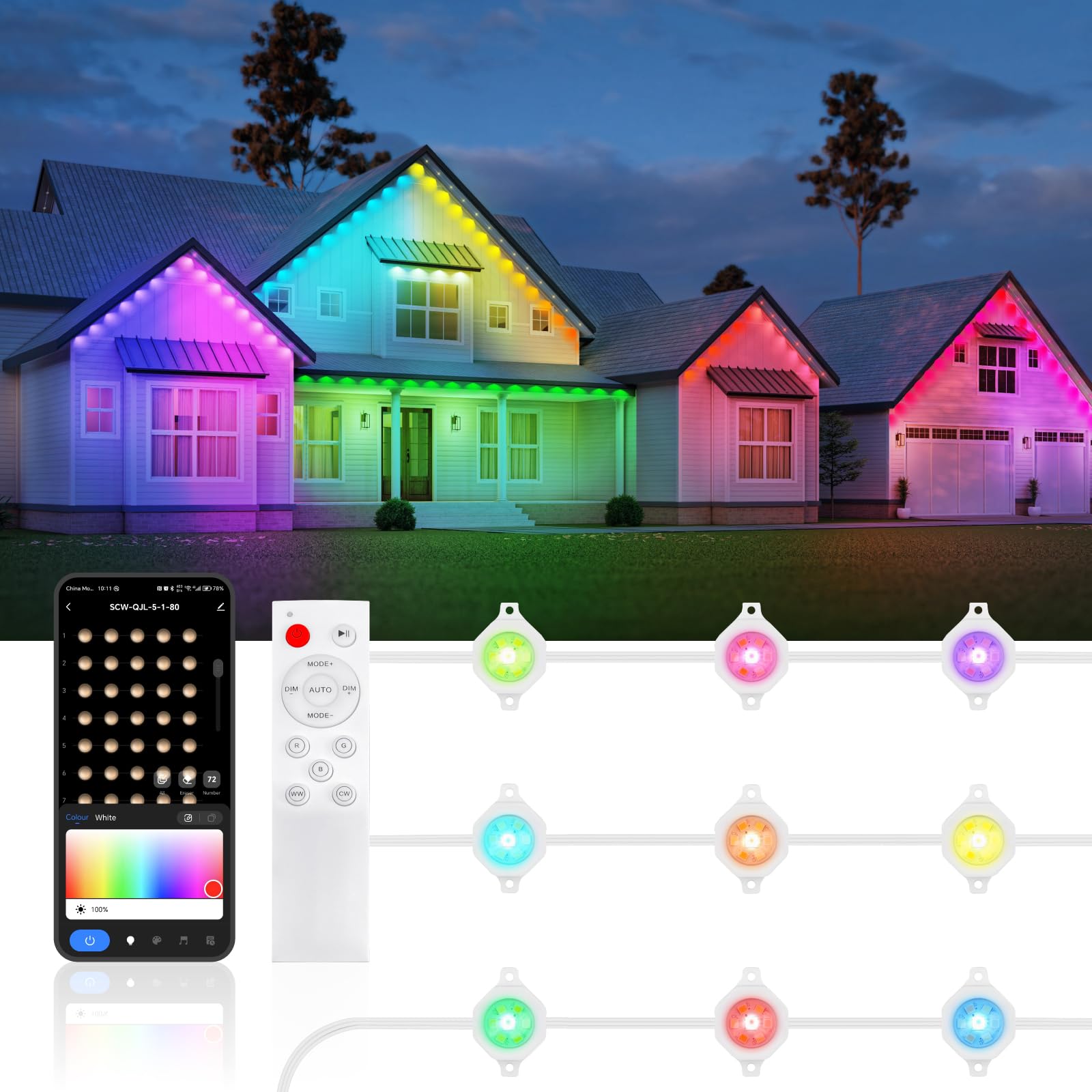 Wi-Fi & Bluetooth Permanent Outdoor Lights 50FT, IP68 Smart RGBIC & CW Christmas Lights, 120 ...