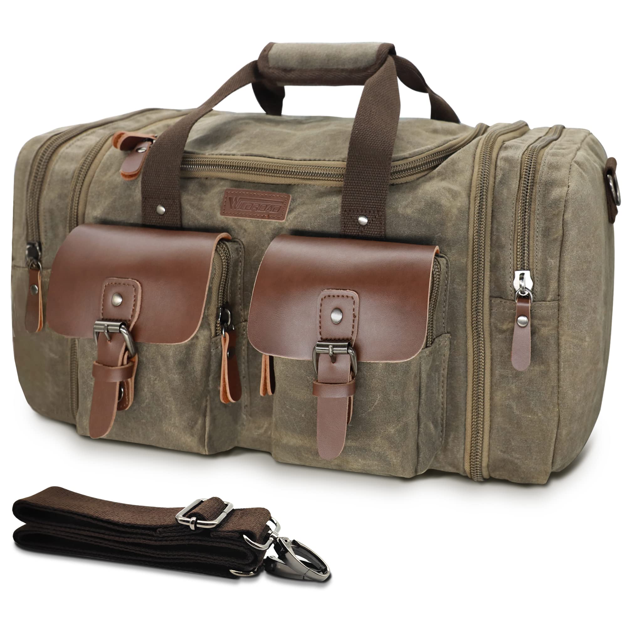 Snapklik.com : Waxed Canvas Duffle Bag - 60L Waterproof Genuine Leather ...